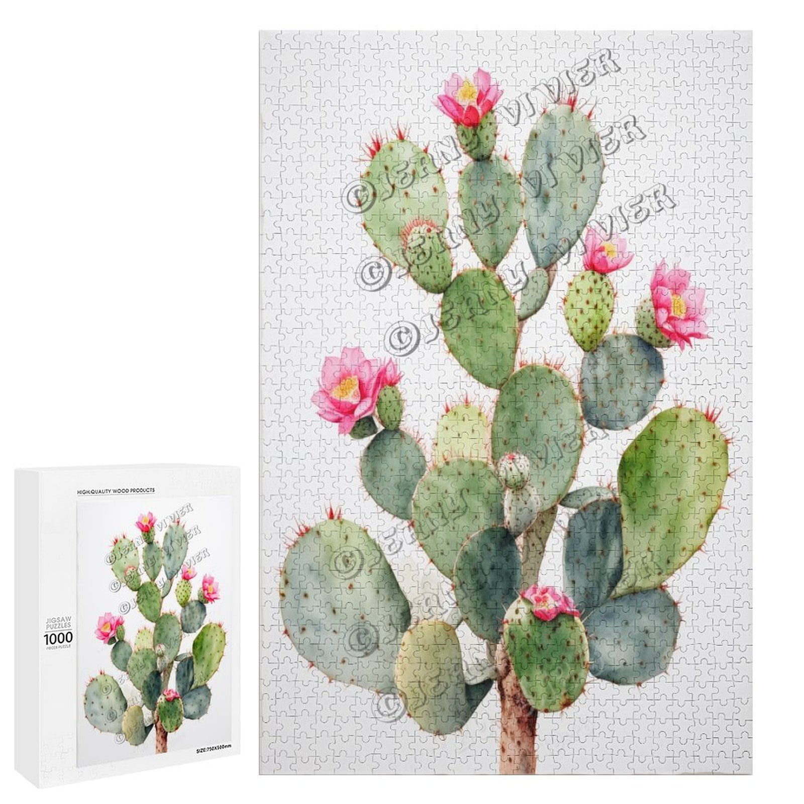 1000 Piece Wooden Jigsaw Puzzle – Cactus Decor Opuntia Design for Adults – Soothing Puzzle for ...