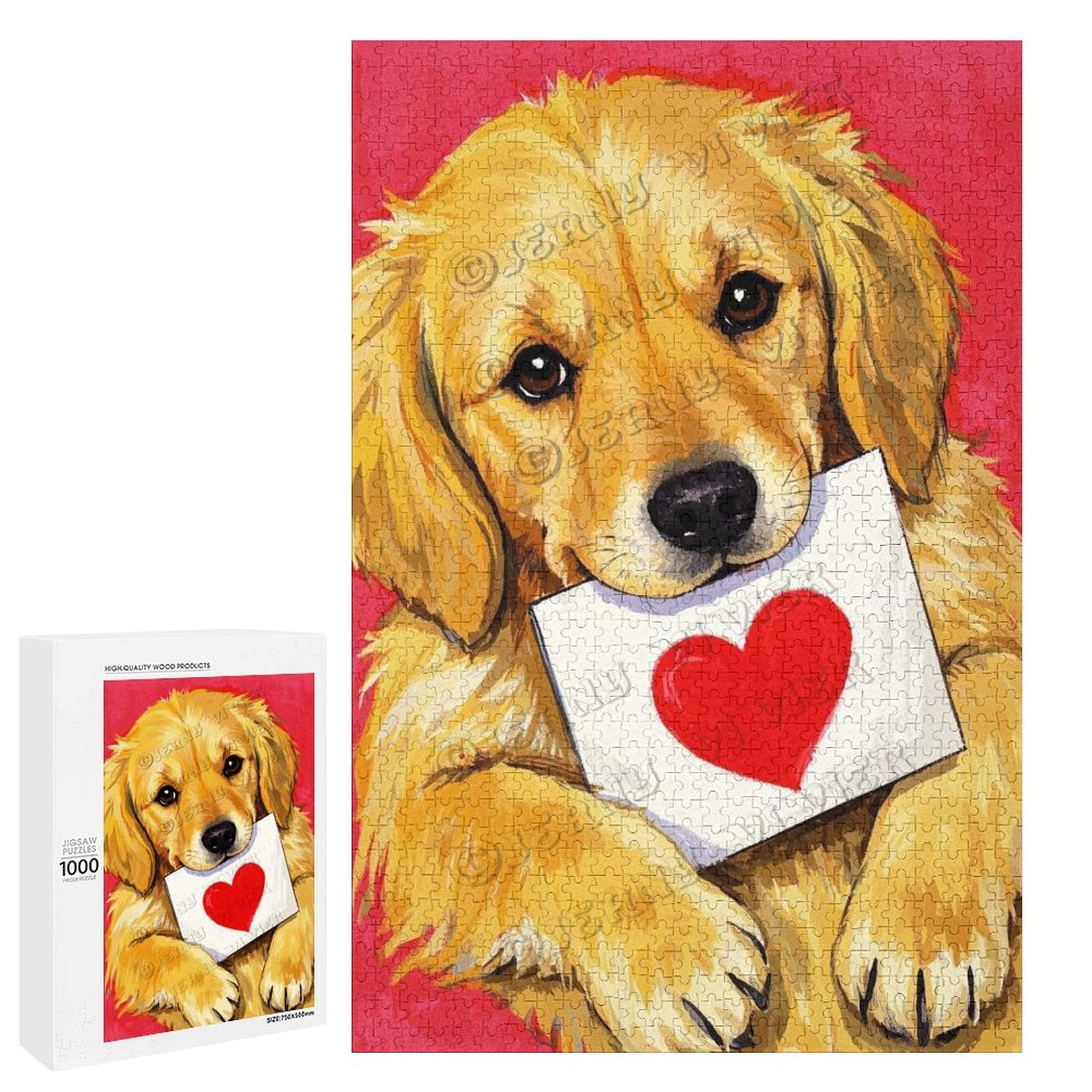 1000 Piece Wooden Jigsaw Puzzle – Golden Retriever With Heart Love ...