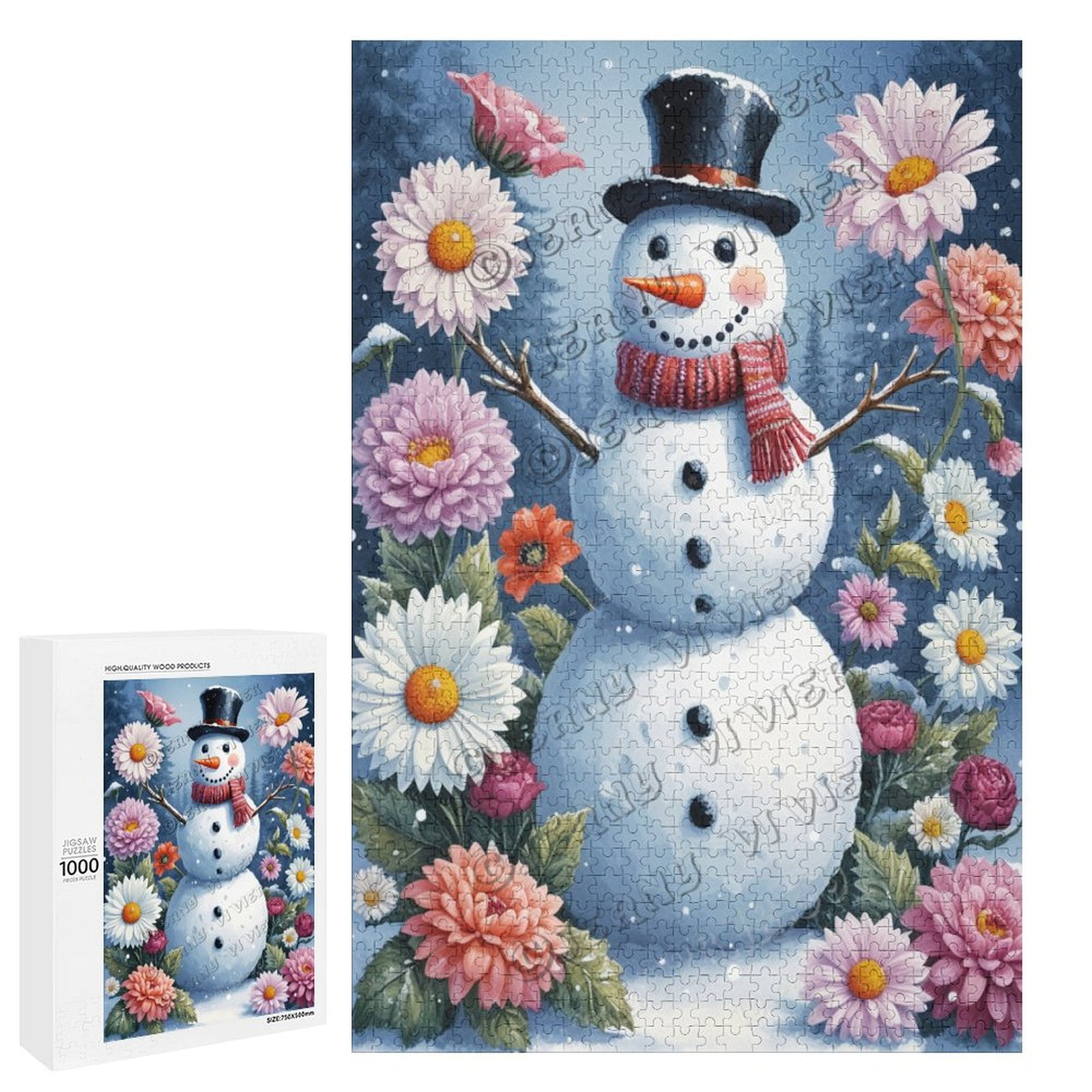1000 Piece Wooden Jigsaw Puzzle – Snowman With Flowers – Charming ...