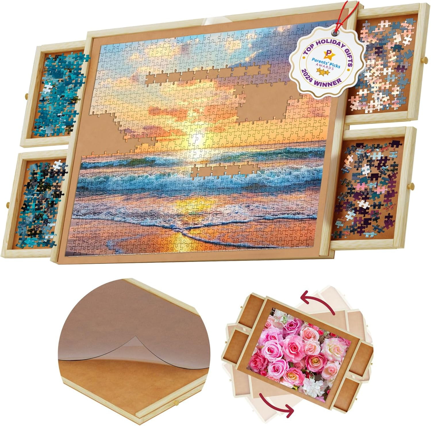 1000 Piece Wooden Jigsaw Puzzle Table - 4 Drawers, Rotating Puzzle ...