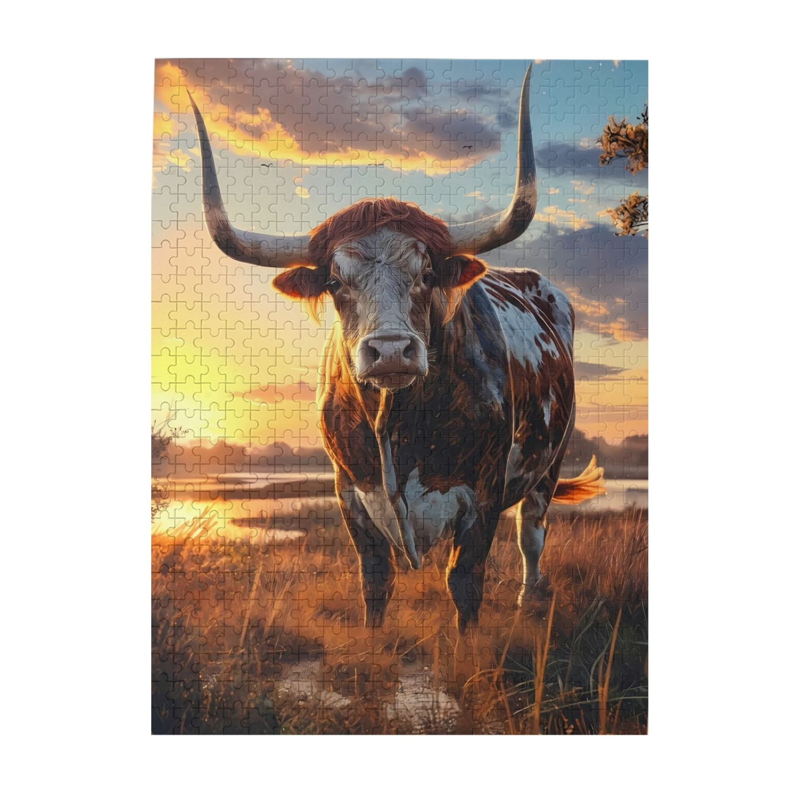 1000-Piece Wooden Jigsaw Puzzle for Adults - Longhorn Bull Sunset ...