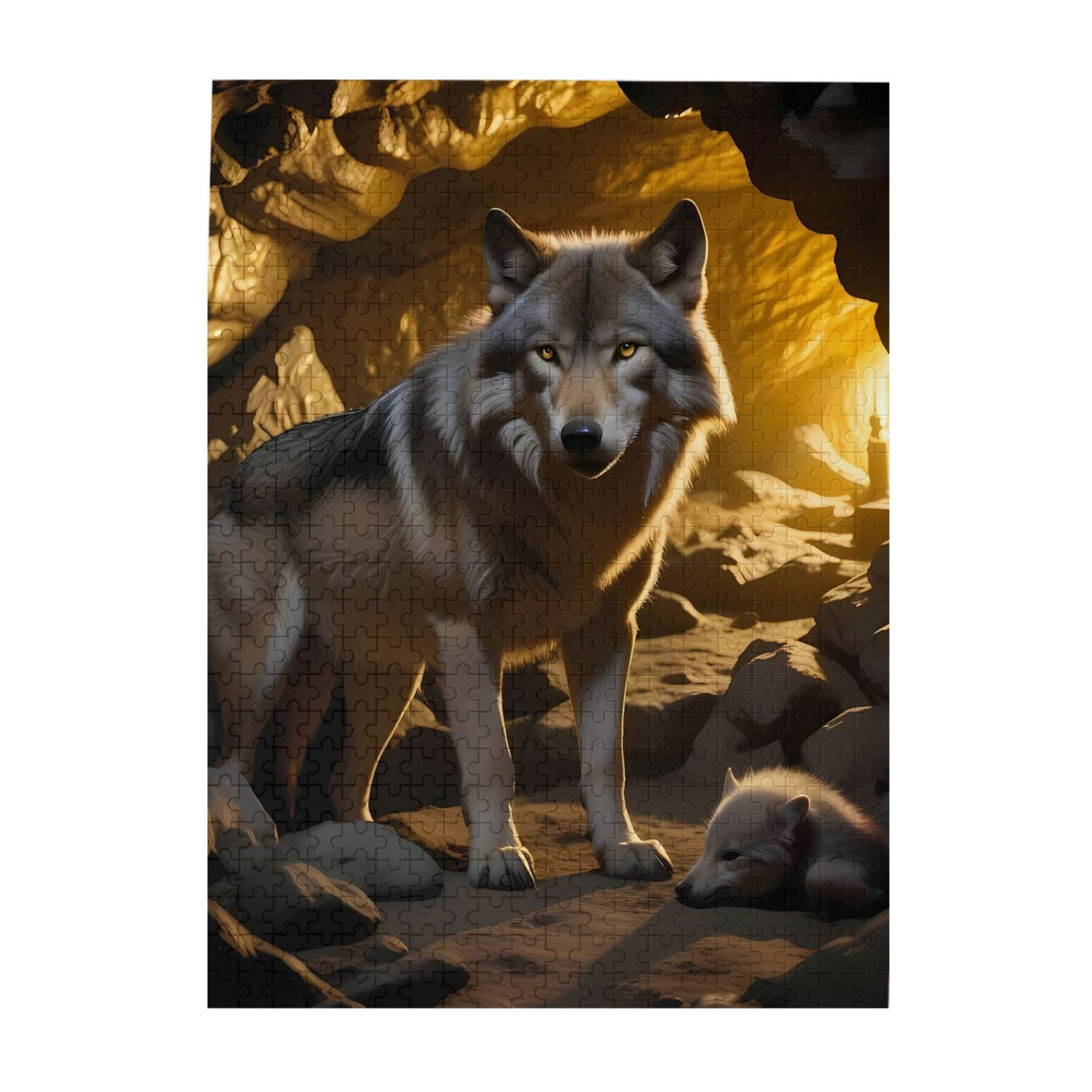 1000-Piece Wooden Jigsaw Puzzle for Adults - Wolf Cub Family Cave ...