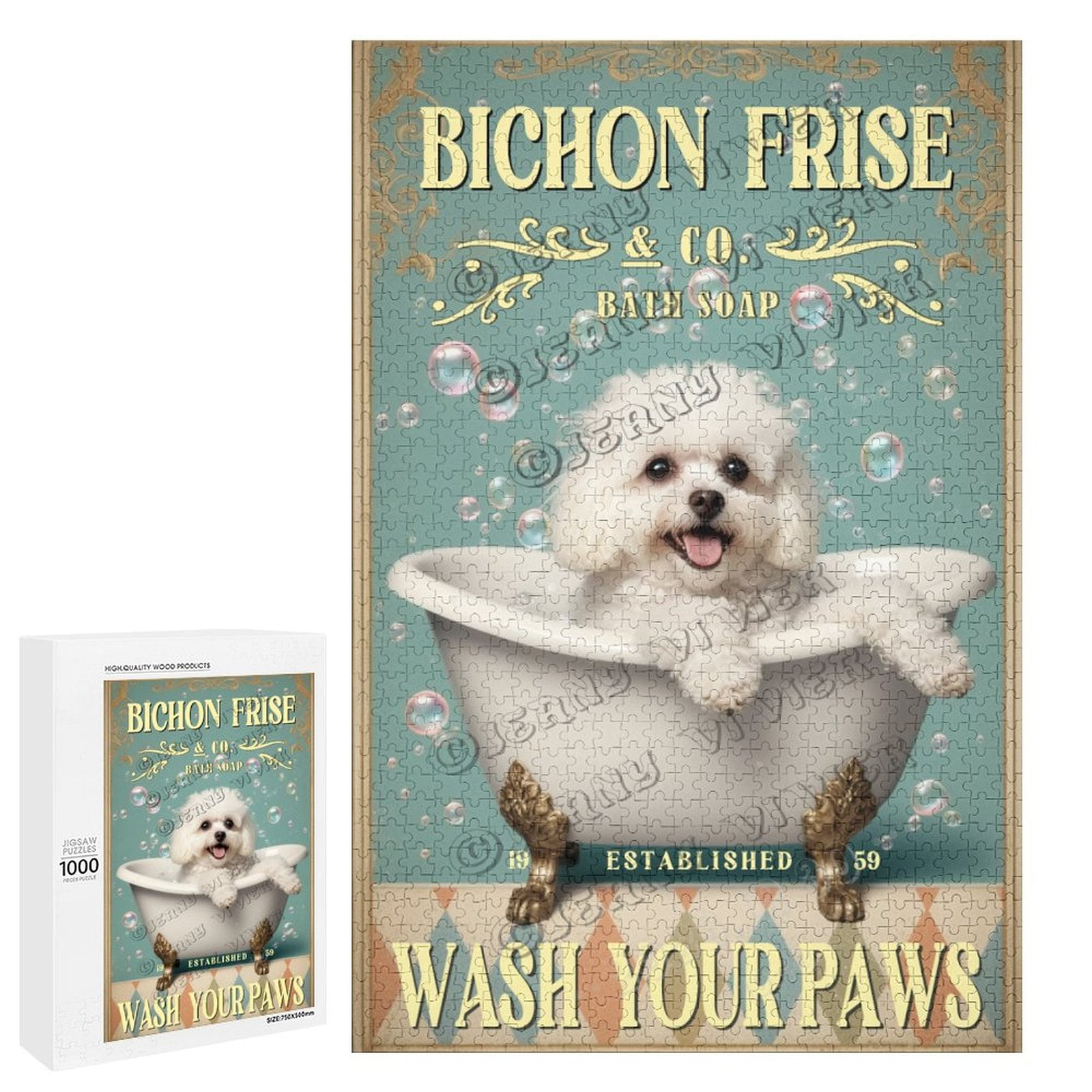 1000 Piece Wooden Puzzle – Bichon Frise Wash Your Paws Design ...