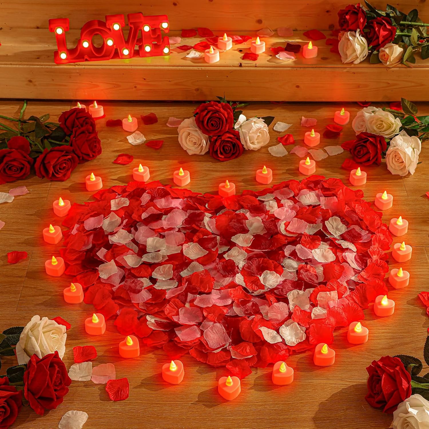 1000 Pieces Artificial Rose Petals with 24 Pcs Flameless Heart Shaped ...