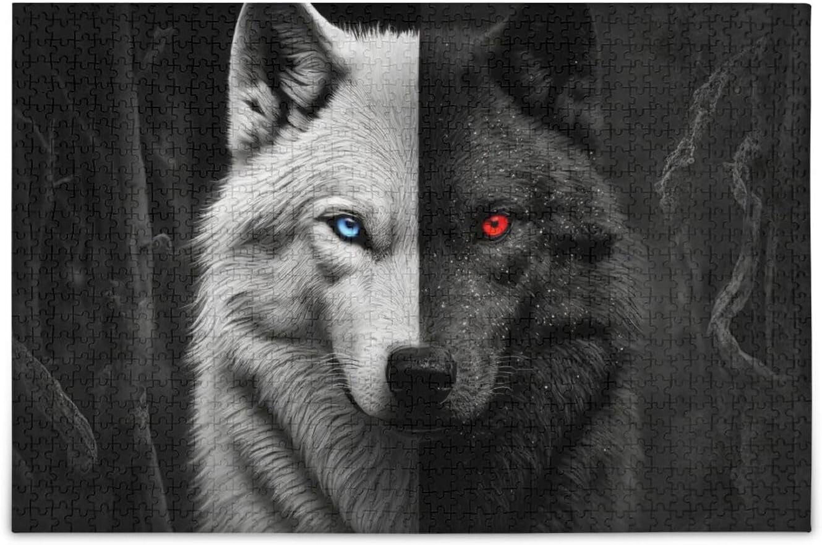 1000 Pieces Wooden Jigsaw Puzzle Black White Wolf Print with Alphabet ...