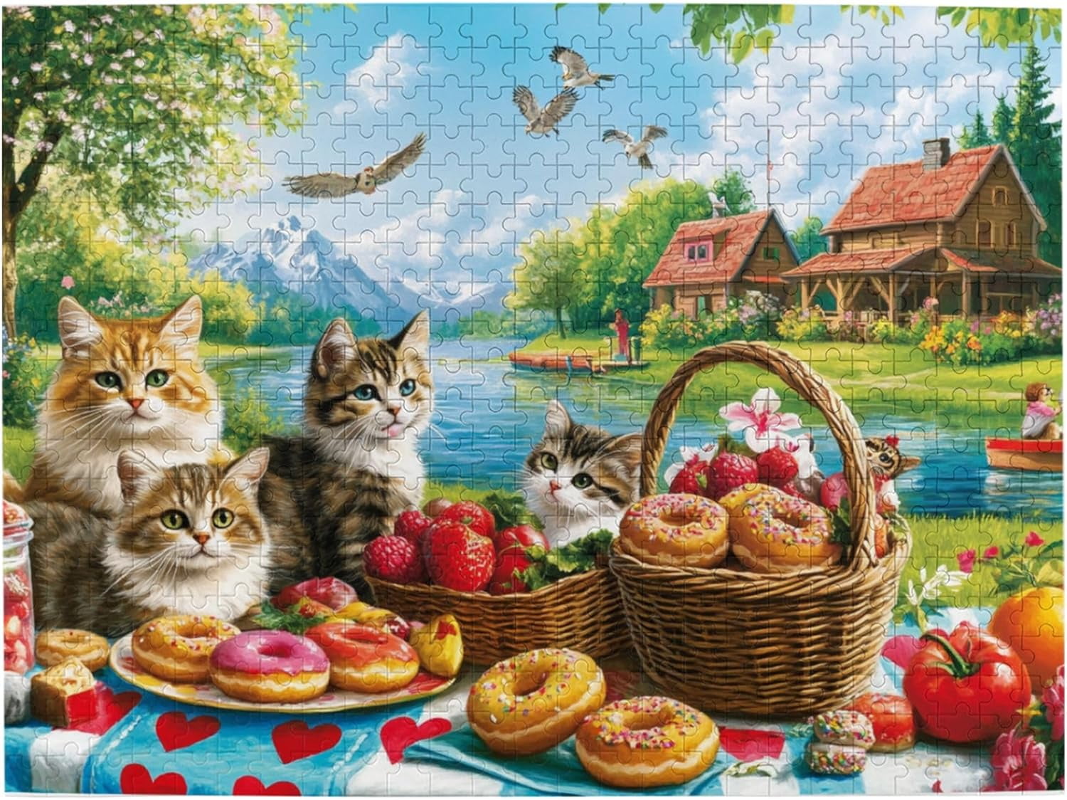 1000 Pieces Wooden Jigsaw Puzzle Picnic by The Lake with Cute Kittens ...