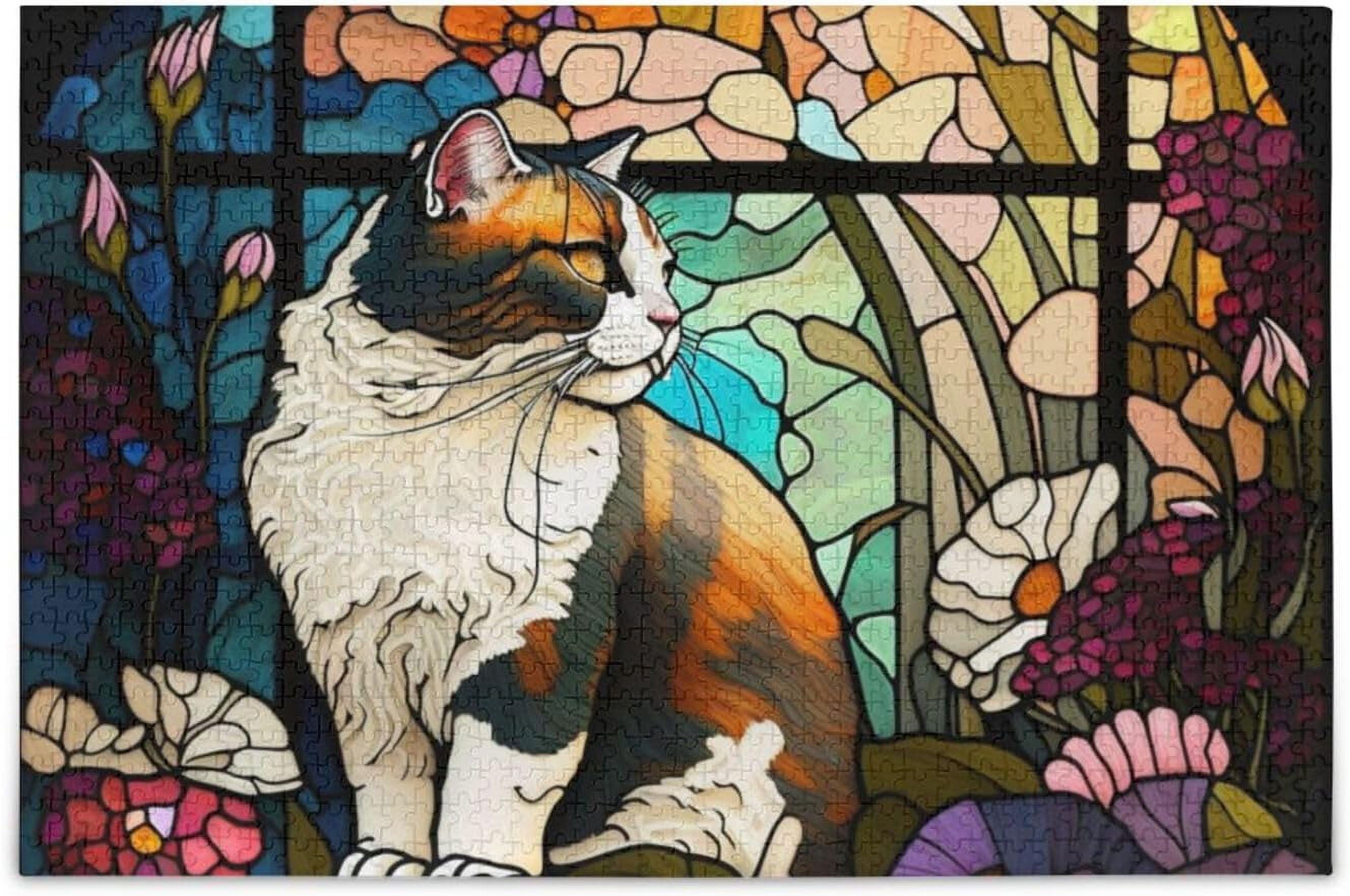 1000 Pieces Wooden Jigsaw Puzzle Stained Glass Cat with Storage Bag ...