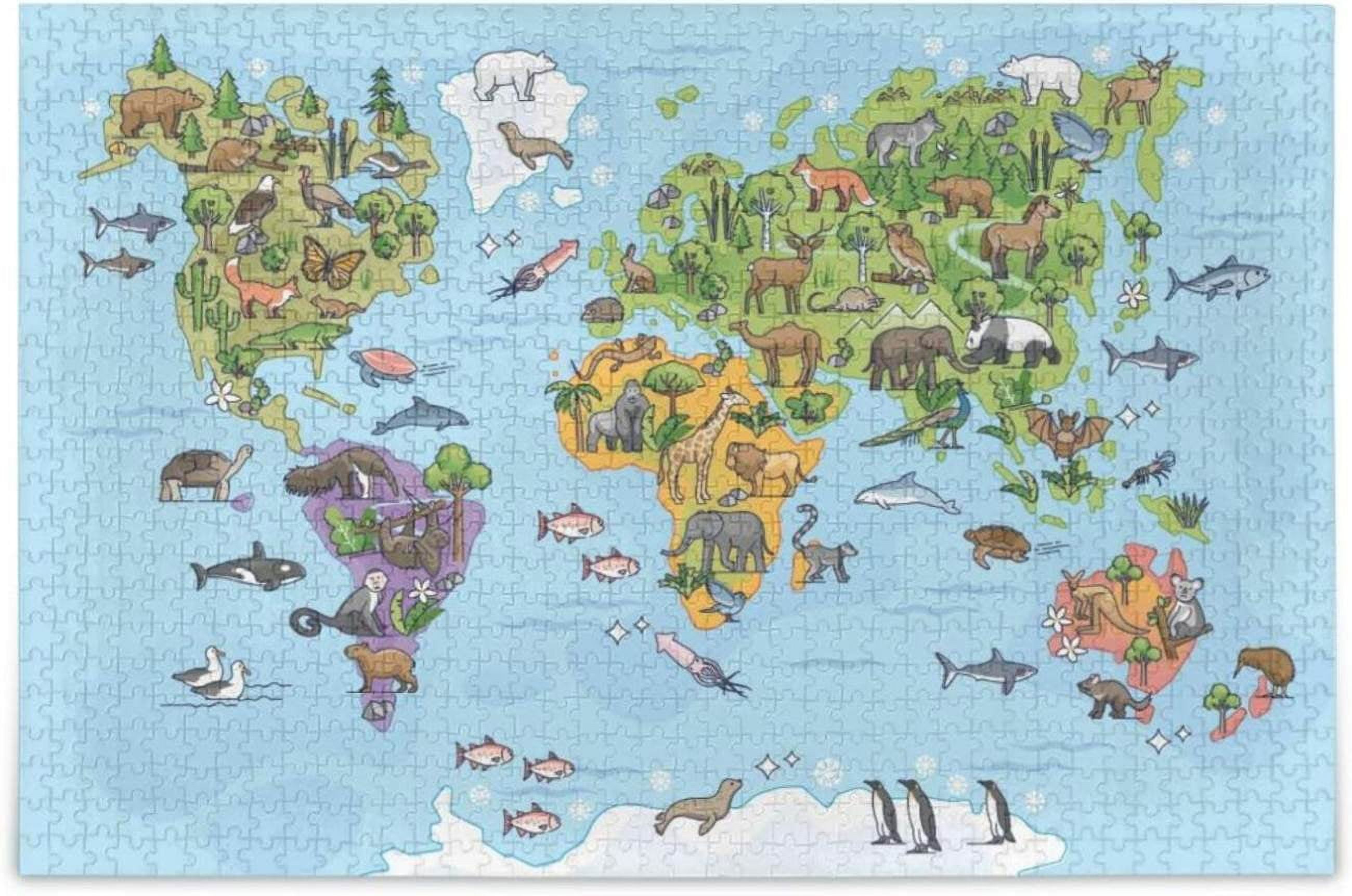 1000 Pieces World Map with Animals Wooden Jigsaw Puzzles, 29.5" x 19.7 ...