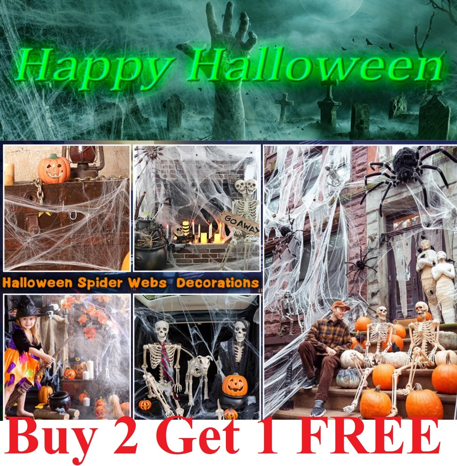 1000 Sqft Fake Spider Web W/30 Fake Spiders Halloween Outdoor Garden ...