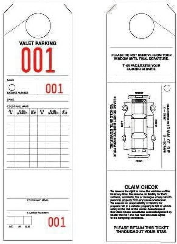 1000 Tags. 3-Part Valet Parking Tags with car Diagram. Numbered and ...