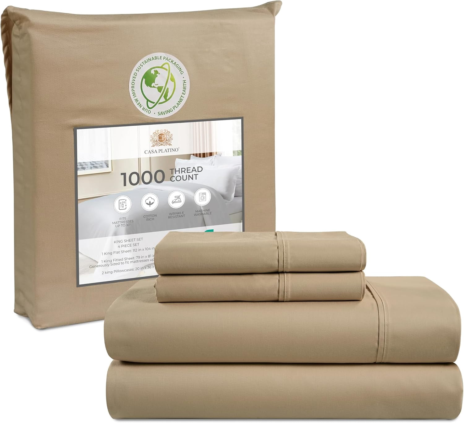 1000 Thread Count King Size Sheets Set, 4 Pieces, Cotton Rich King Size ...