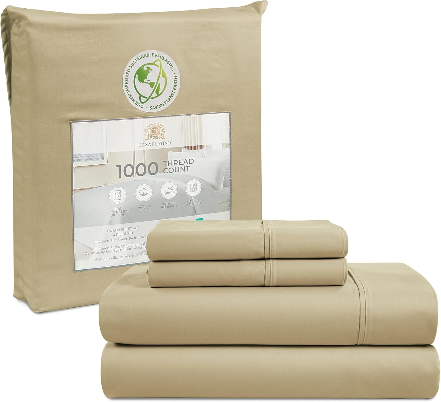 1000 Thread Count Queen Sheet Set, 4 Pieces, Cotton Rich Sateen Weave ...