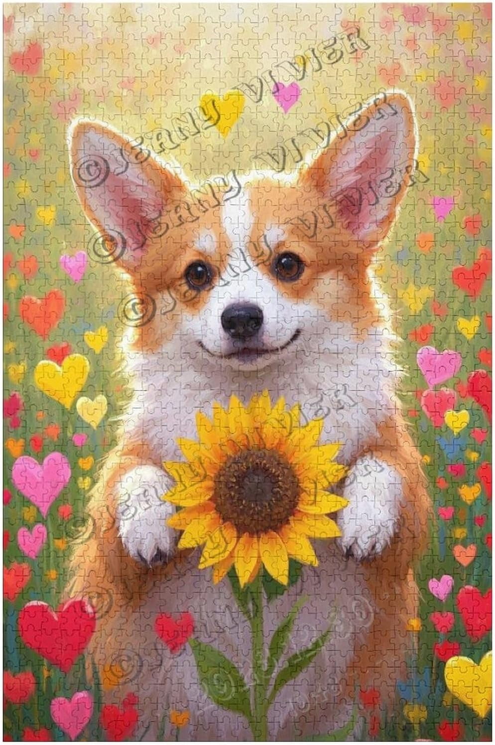 1000 pcs Wooden Jigsaw Puzzle – Corgi with Sunflower Art – Fun and ...