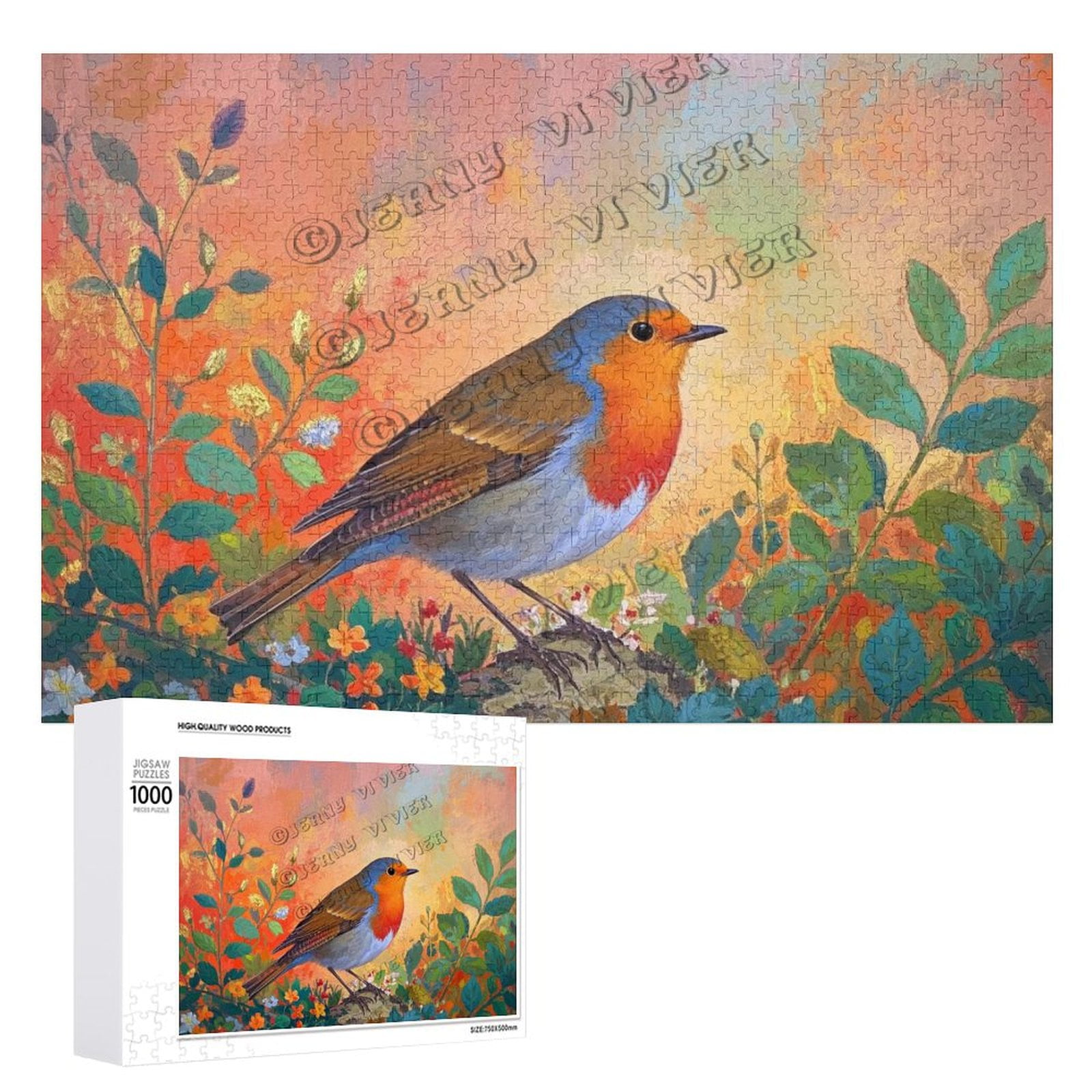 1000 pcs Wooden Puzzle – Golden Abstract Robin Bird Design for Adults ...