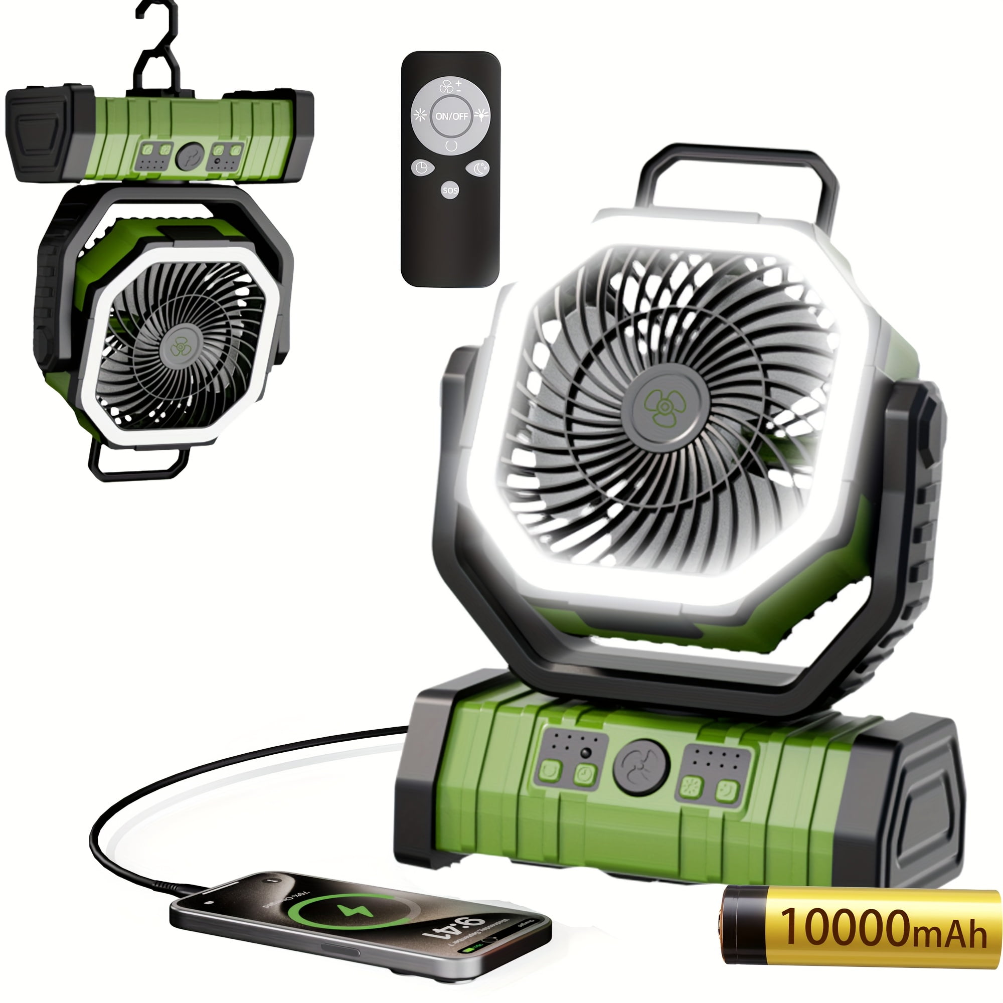 10000/20000mAh Portable Camping Fan with Remote & LED Light - 4-Speed ...