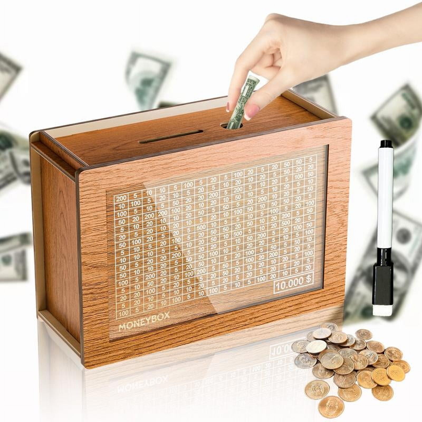 10000 Savings Challenge Box Cash Vault Wooden Coin Bank Money Saving ...