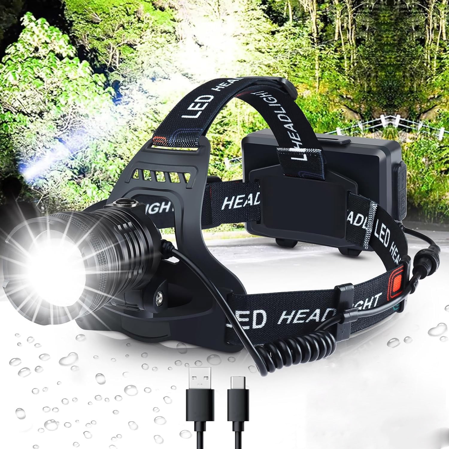 100000 High Lumen Super Bright Headlamp with 3 Modes, Waterproof, 90 ...