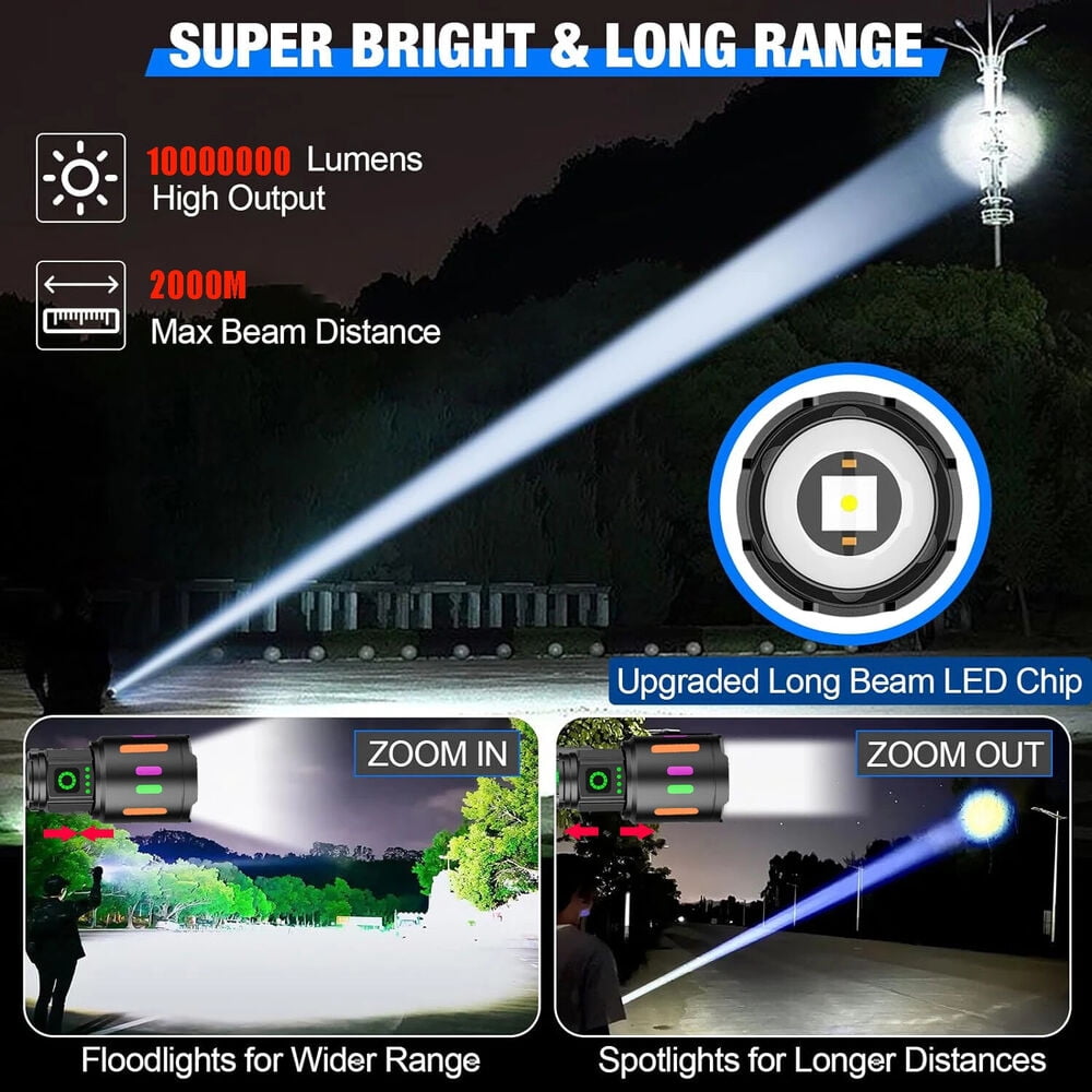 10000000 Lumens Super Bright LED Flashlight Type-C Rechargeable 30W ...