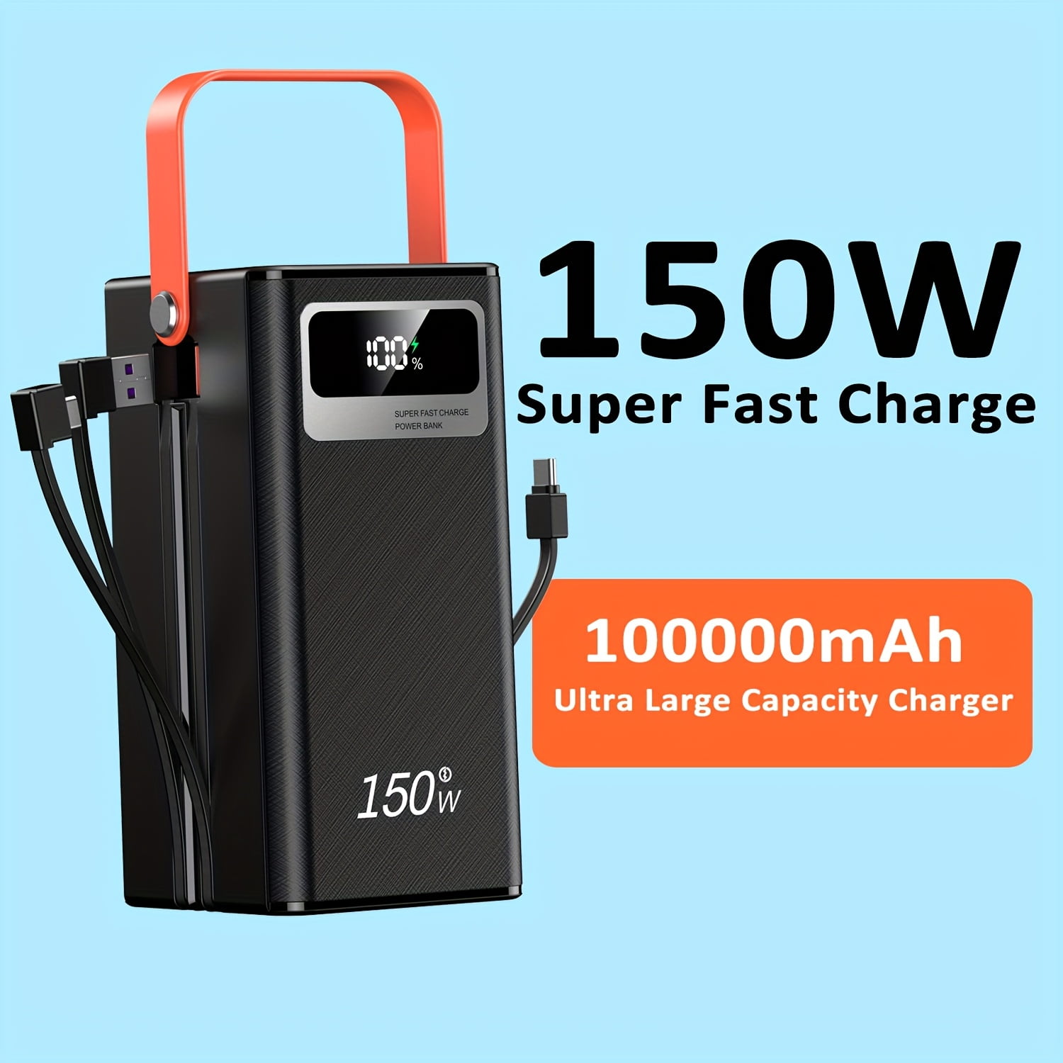 100000mAh 150W Power Bank with 2-in-1 Built-in Cables (-C/Lightning ...