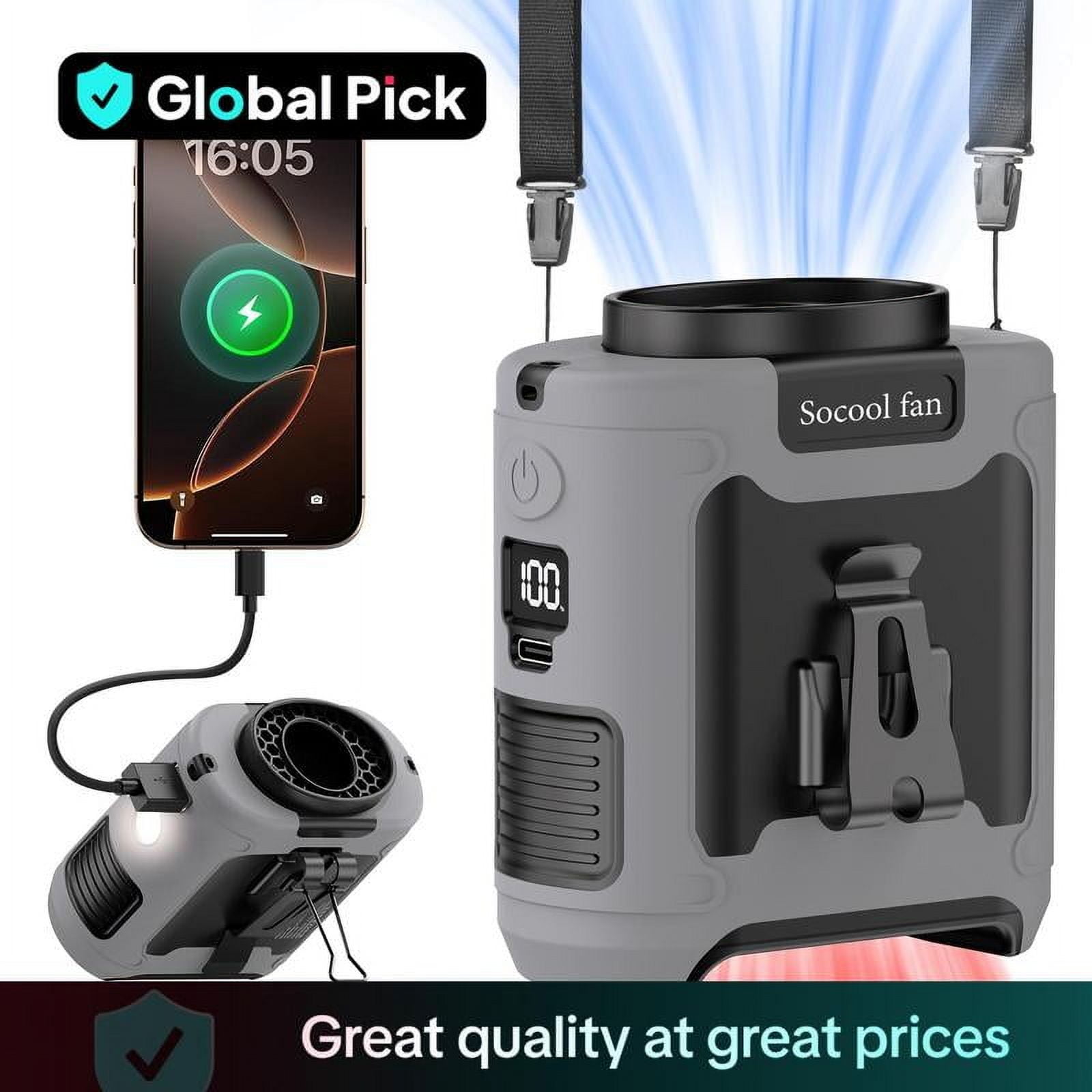 10000mAh/14500mAh Power Bank Portable Rechargeable Fan, Waist Fan Clip ...