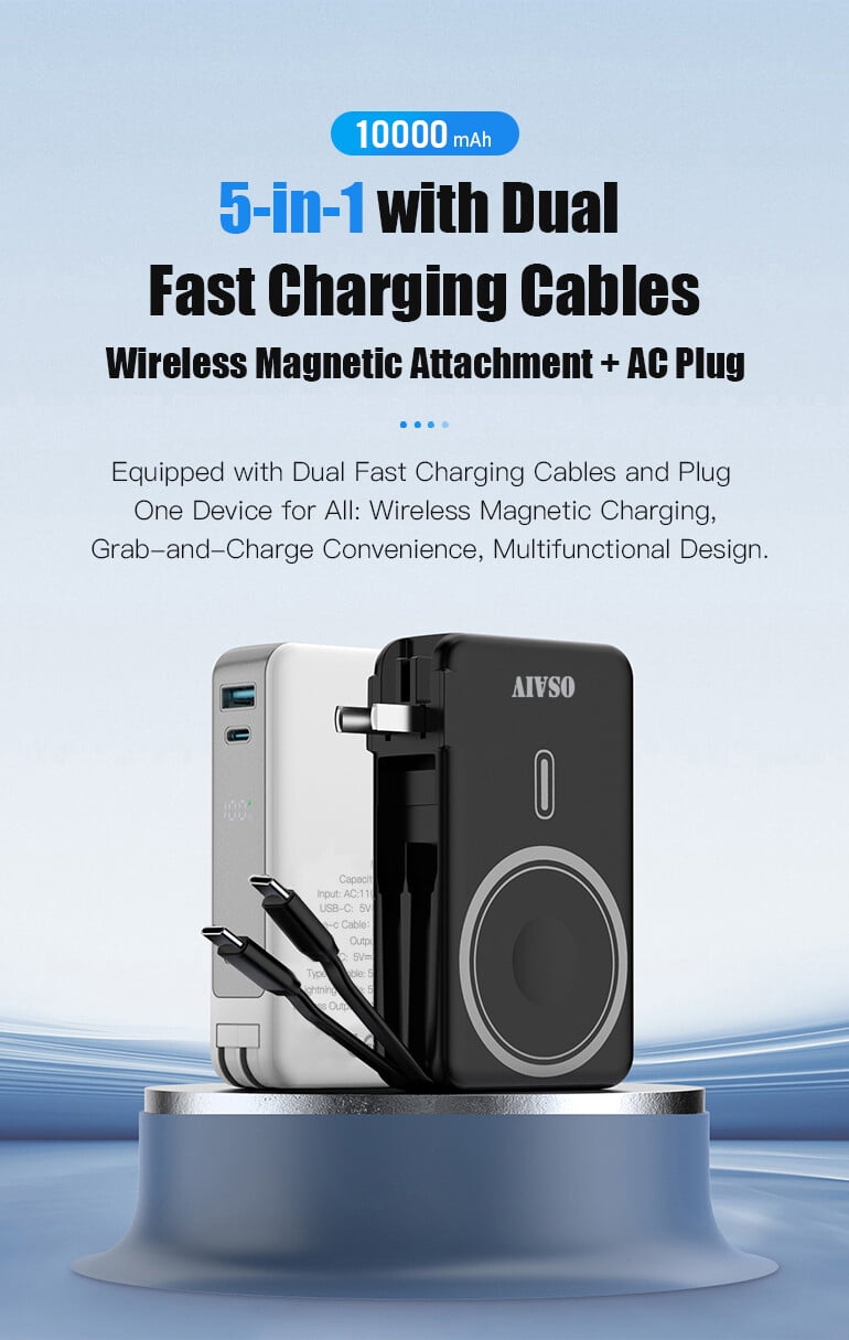 10000mAh 5-in-1 Power Bank Direct Charger: High-Capacity Powerhouse, Dual Fast Cables, Wireless ...