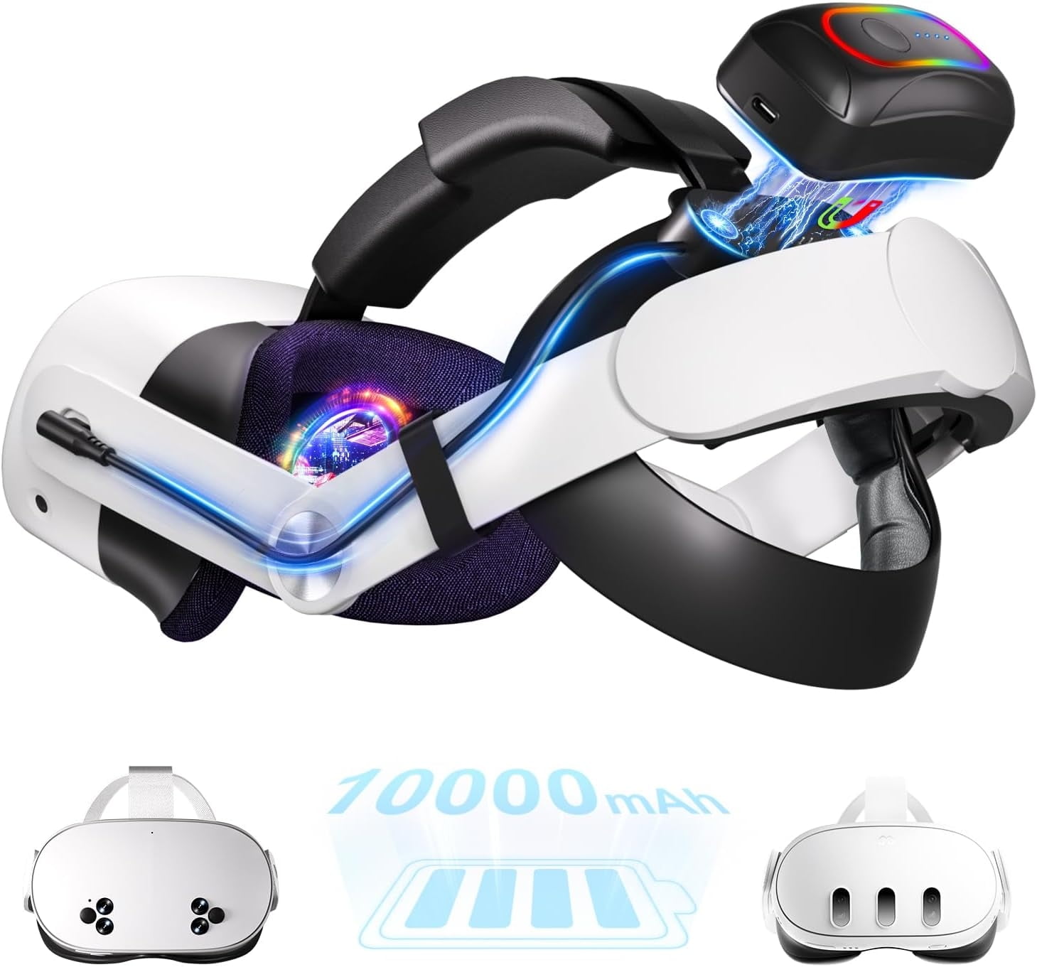 10000mAh Battery Head Strap for Meta Quest 3s/3 with Cool RGB and ...