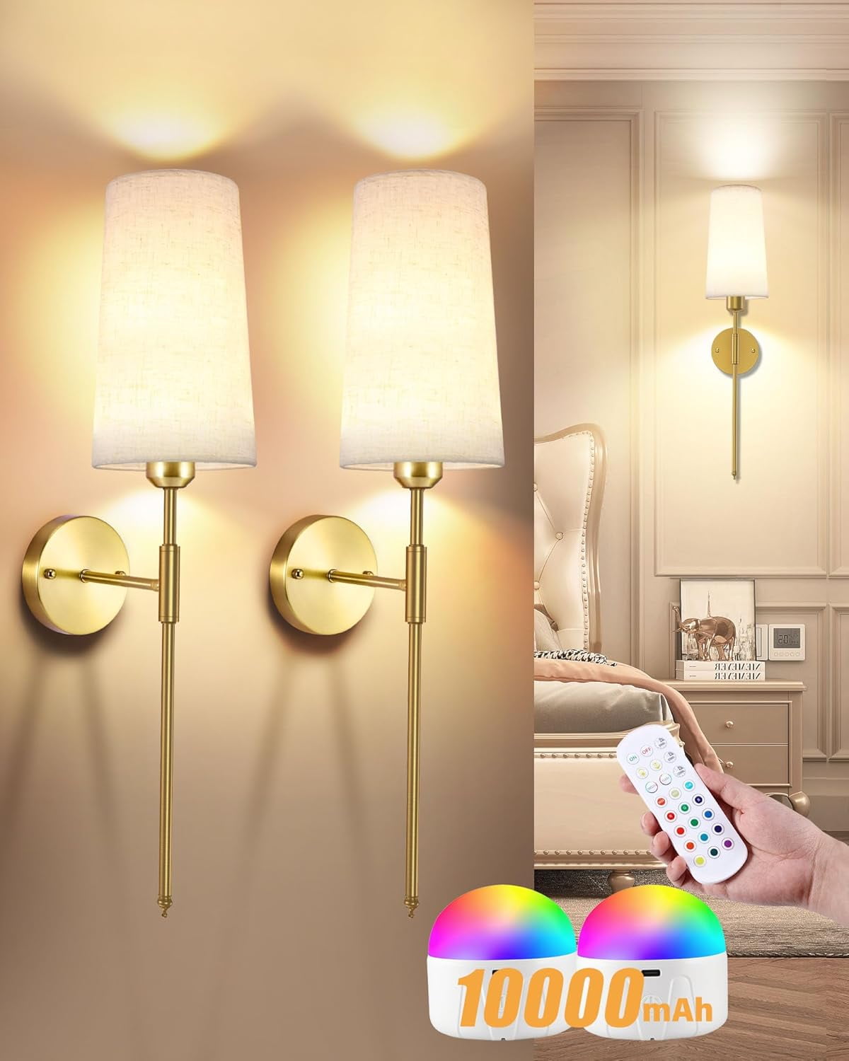 10000mAh Battery Operated Wall Sconces Set of Two,27 inch Wireless Wall ...