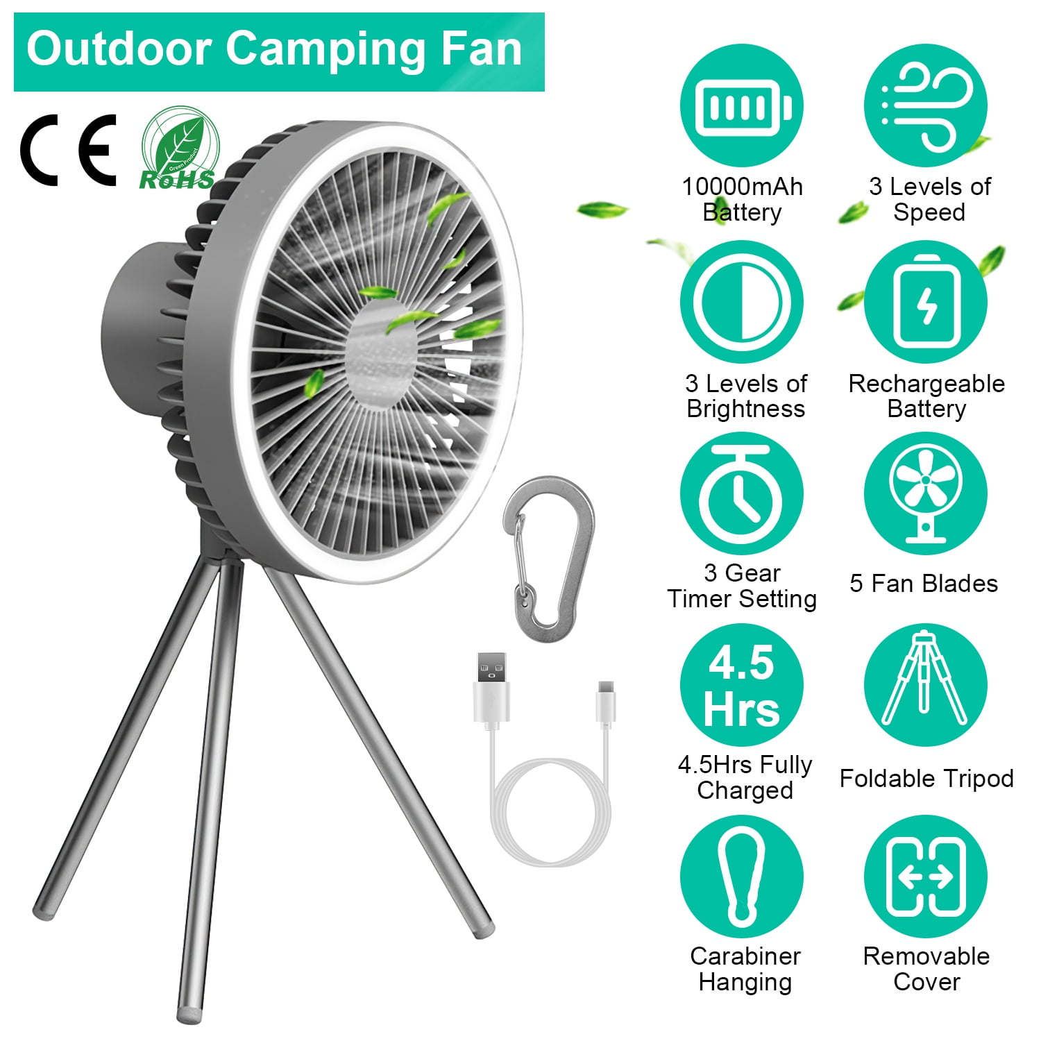 10000mAh Battery Powered Camping Fan with Lantern Moclever Hanging ...
