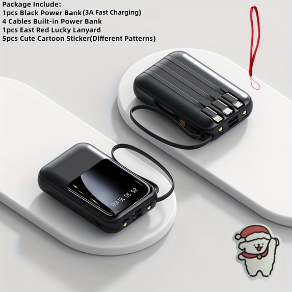 10000mAh Mini Power Bank | Multi-speed Charging, 4 Built-in Cables, LED ...