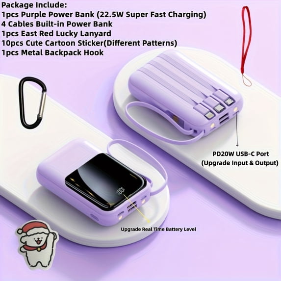 10000mAh Mini Power Bank | Multi-speed Charging, 4 Built-in Cables, LED ...