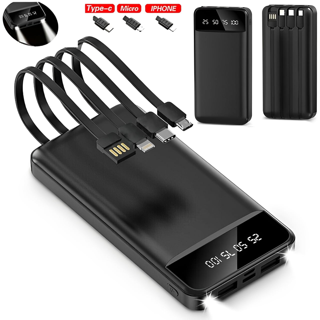 10000mAh Portable Power Bank with 4 Built-in Cables ,Compact External ...