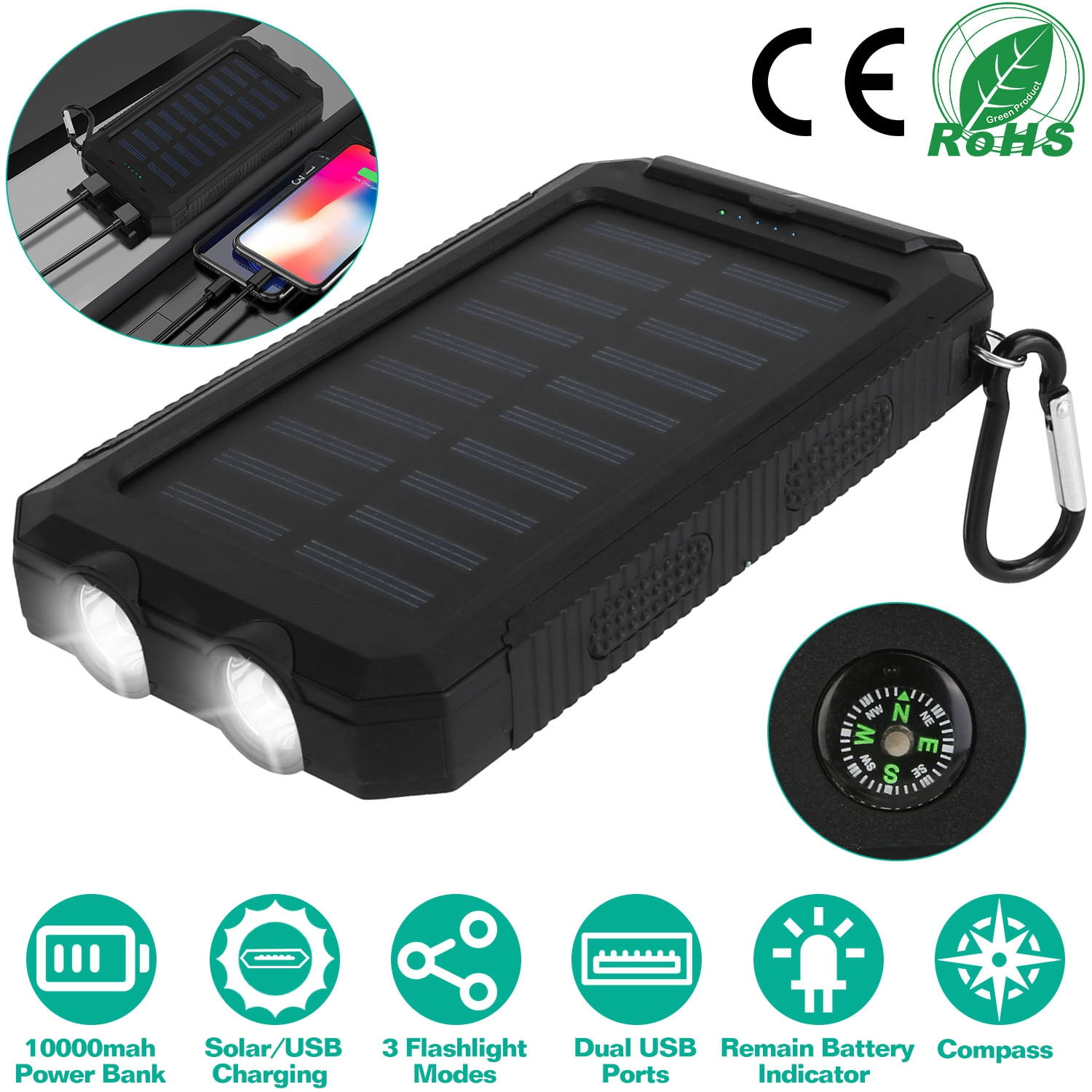 10000mAh Solar Charger for Cell Phone iPhone, Portable Solar Power Bank ...