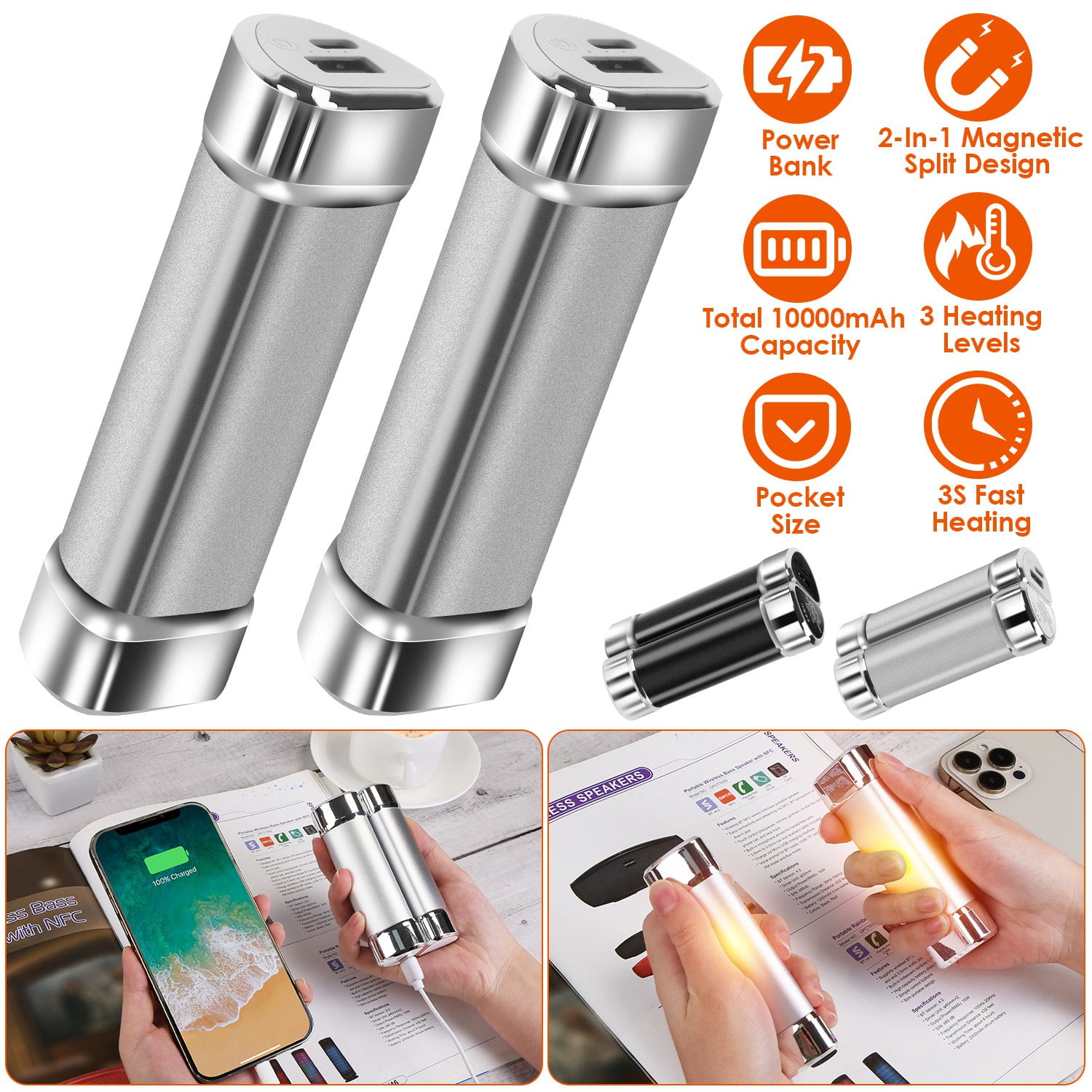 10000mAh Split-Magnetic Handwarmers 2 in 1 Portable Electric Heater ...