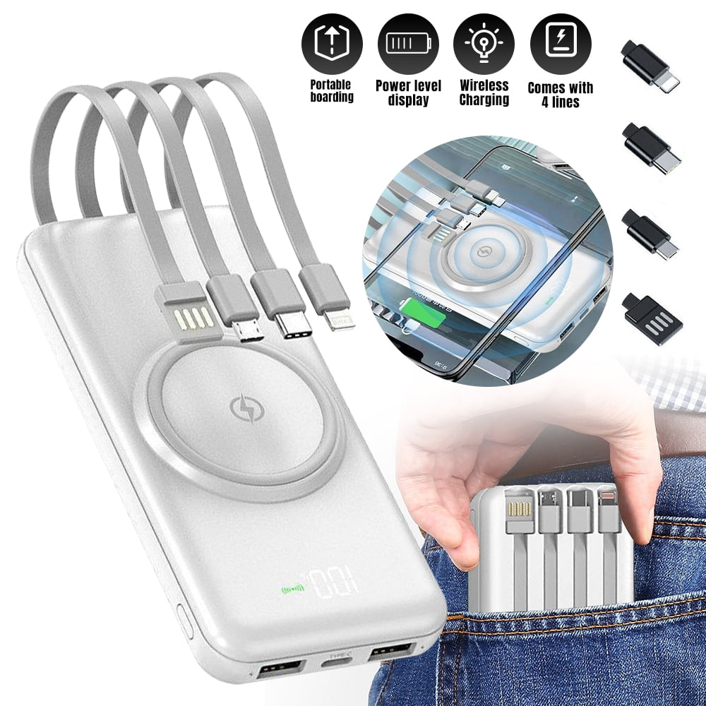 10000mAh Wireless Portable Charger Power Bank with Built-in 4 Cable, 6 ...