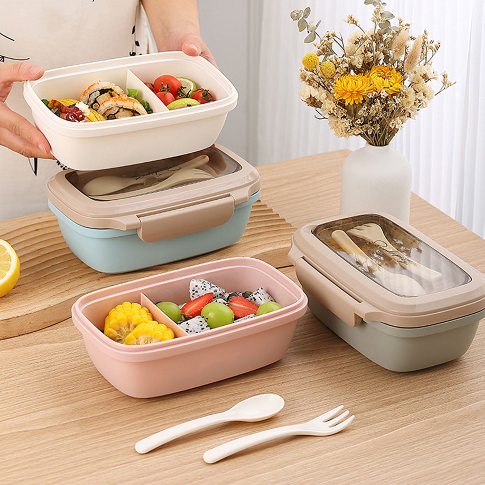 1000ML Bento Box Lunch Containers Airtight Seal Sturdy with Tableware ...