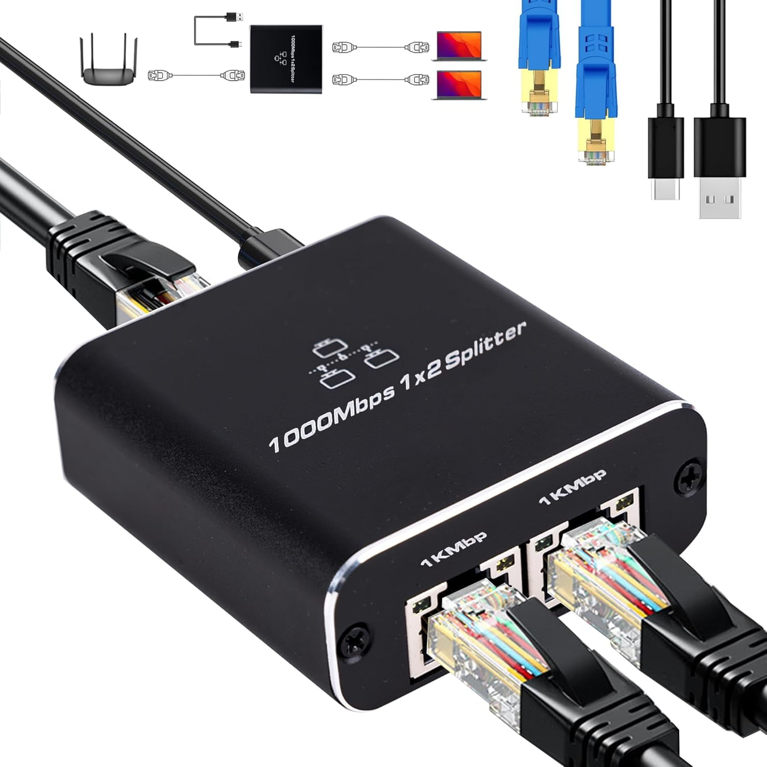 1000Mbps Splitter with LAN Cable Cat 6 - RJ45 Ethernet Splitter 1 to 2 ...