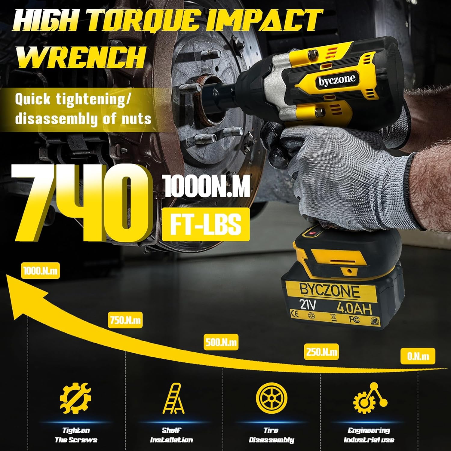 1000N.m(740Ft-lbs) Cordless Impact Wrench, 1/2 Inch High Torque ...