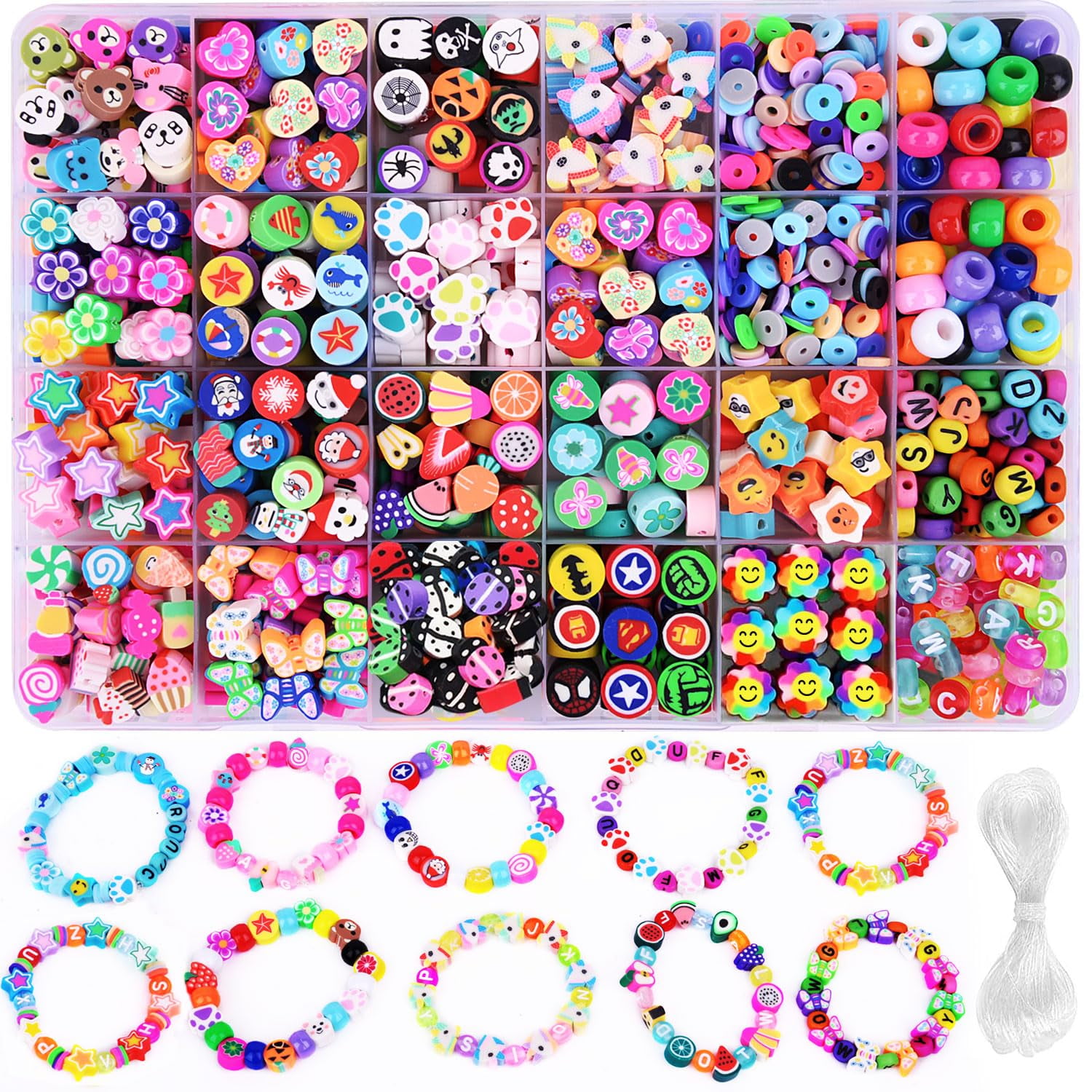 1000PCS Polymer Clay Beads Bracelet Making kit, 24 Style Cute Fun Beads ...