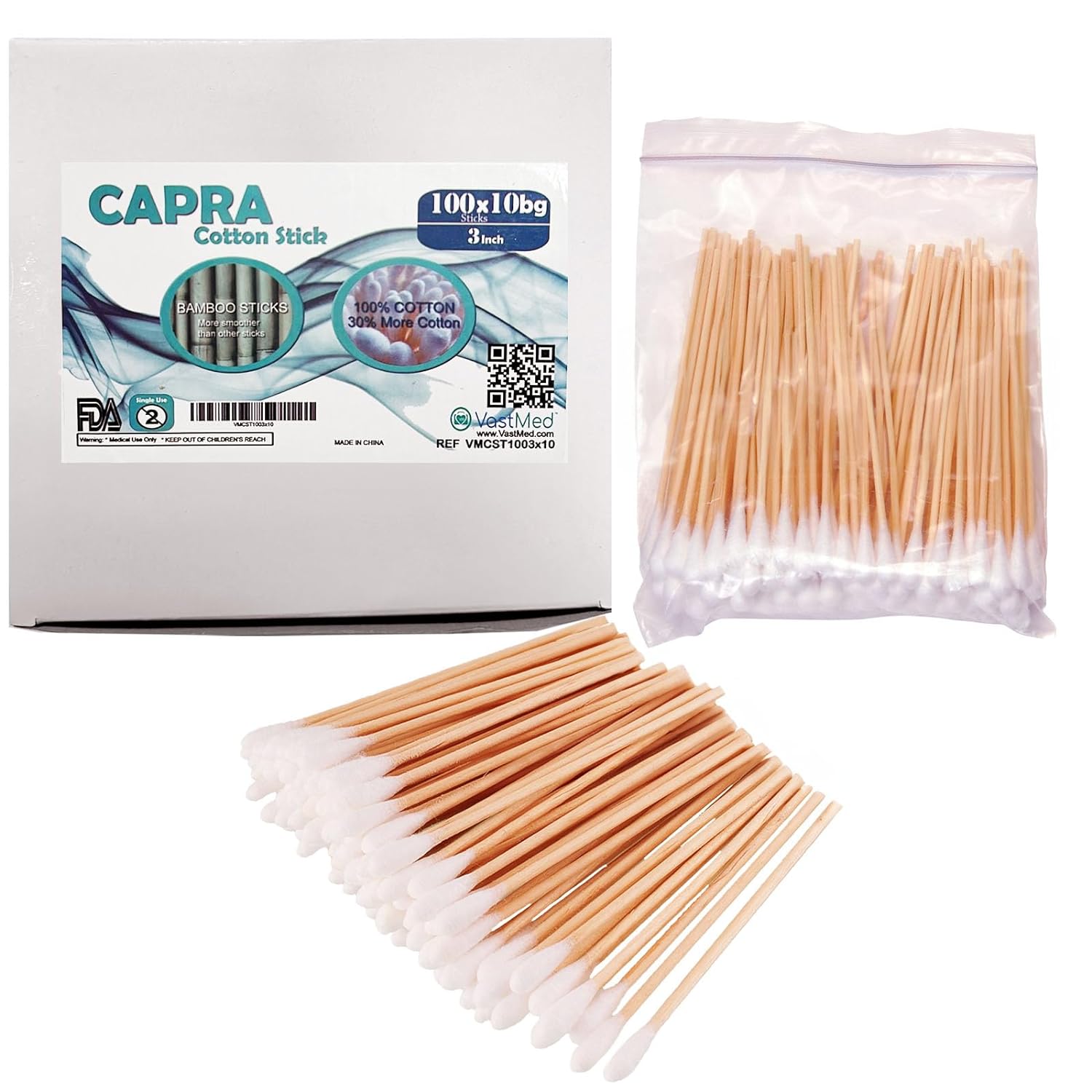 3000PCs 3 Inch Long Cotton Swabs with Bamboo Wooden Handles Cotton ...