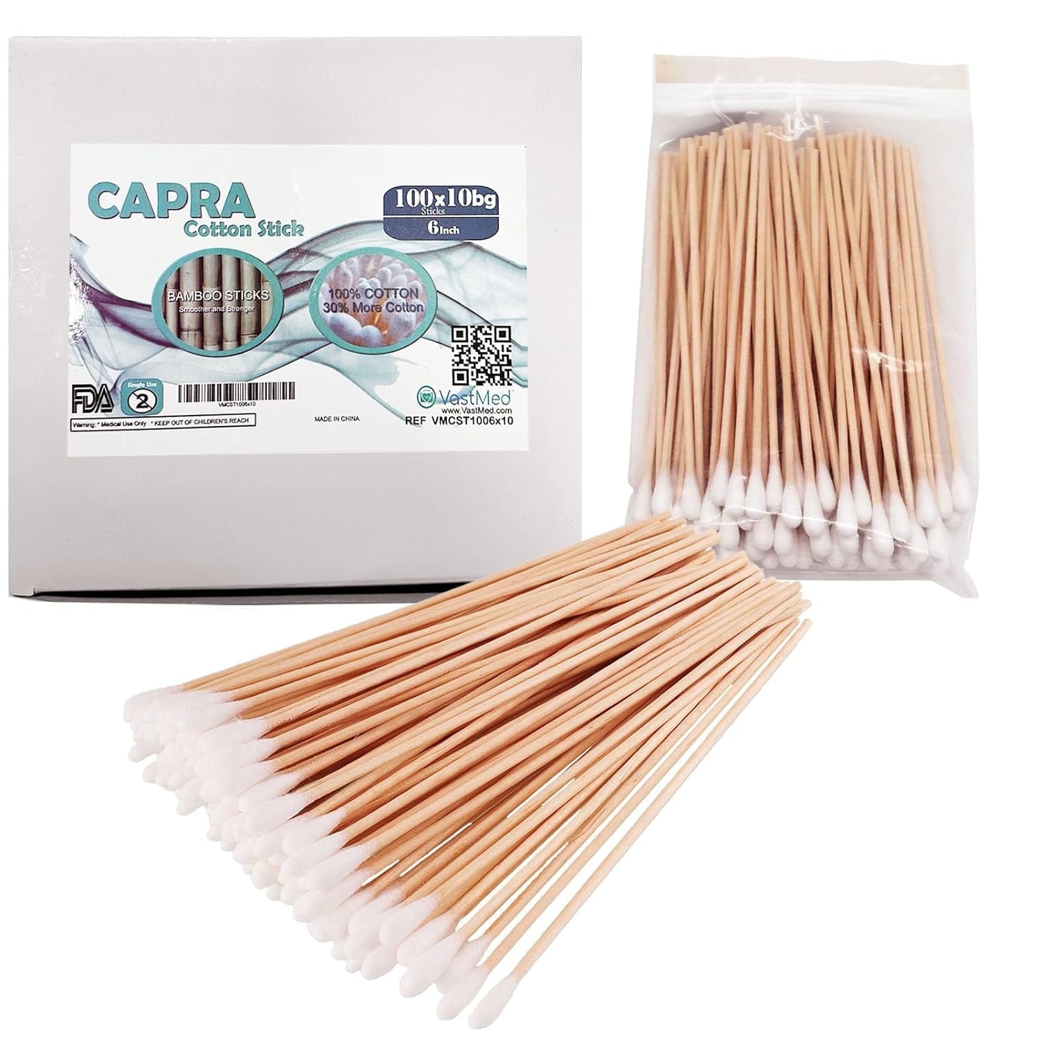 1000PCs 6 Inch Long Cotton Swabs with Bamboo Wooden Handles Cotton ...