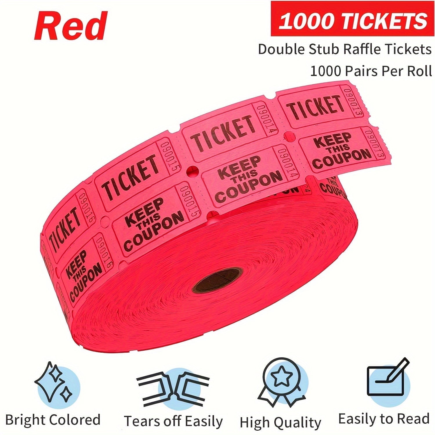 1000Pair/2000 Sheets Raffle Tickets, Double Roll, Red Ticket for Events ...