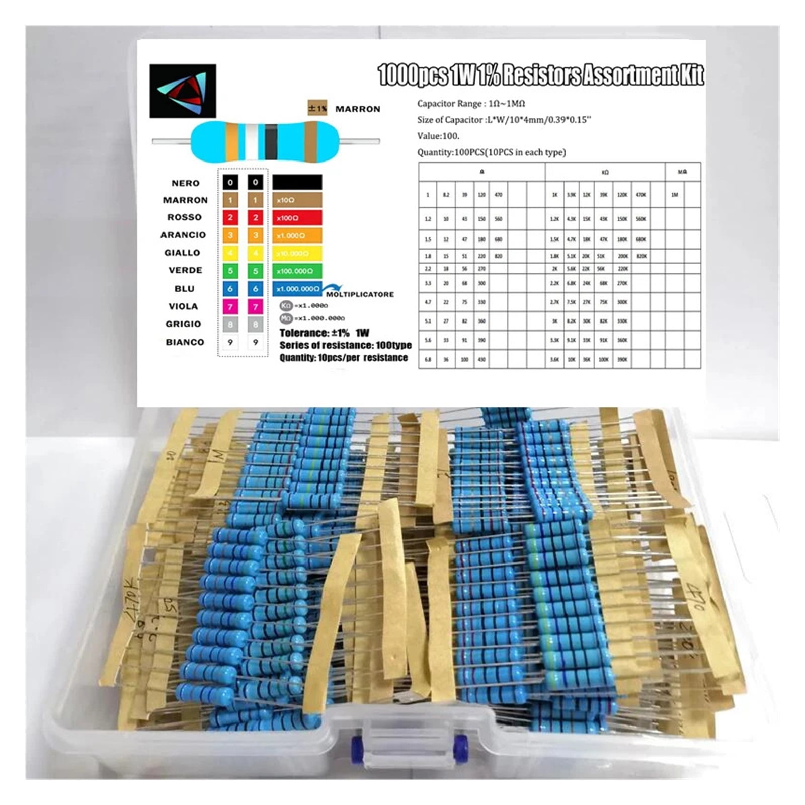 1000Pcs 100Values Each 10Pcs Metal Film Resistor 1% 1W Assorted Kit (1 Ohm~ 1M Ohm Capacitor ...