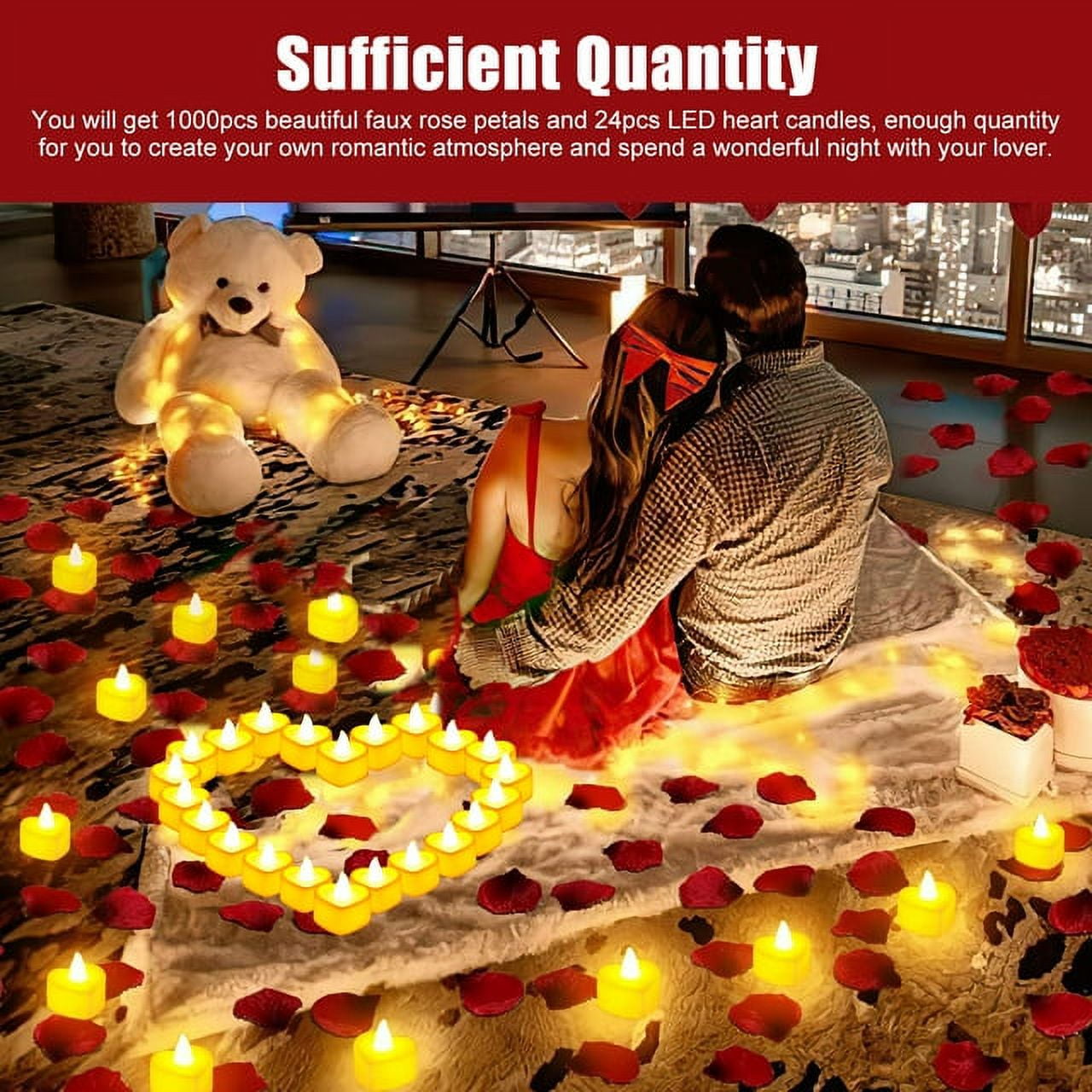 1000Pcs Artificial Rose Petals with 24Pcs Romantic Heart Flameless ...
