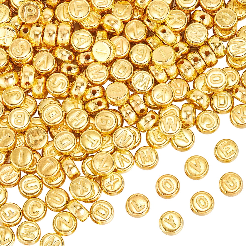 1000Pcs CCB Plastic Beads Horizontal Hole Flat Round with Letter Golden ...