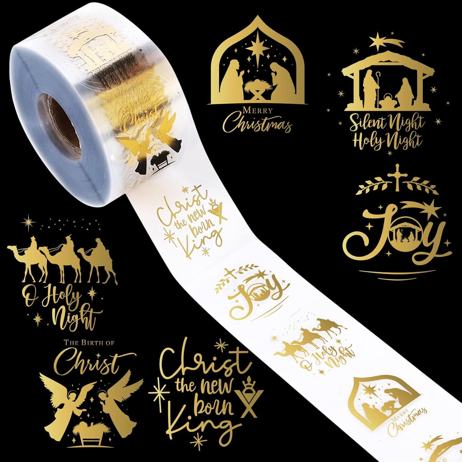 1000Pcs Clear Christmas Stickers Roll Gold Foil Nativity Scene Stickers ...