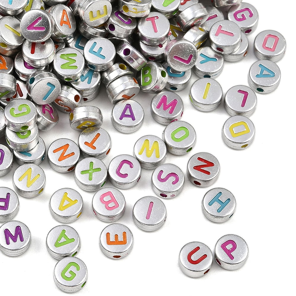 1000Pcs Opaque Acrylic Beads Flat Round with Letter Silver 7x3.5mm Hole ...