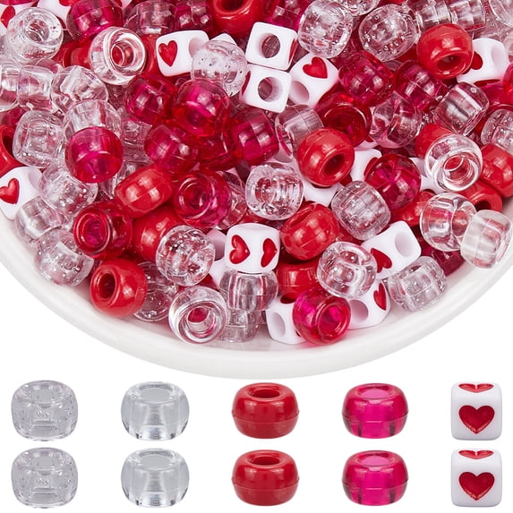 1000Pcs Plastic Pony Beads & Flower Acrylic Beads Sets Red 7~9x7~9x6 ...