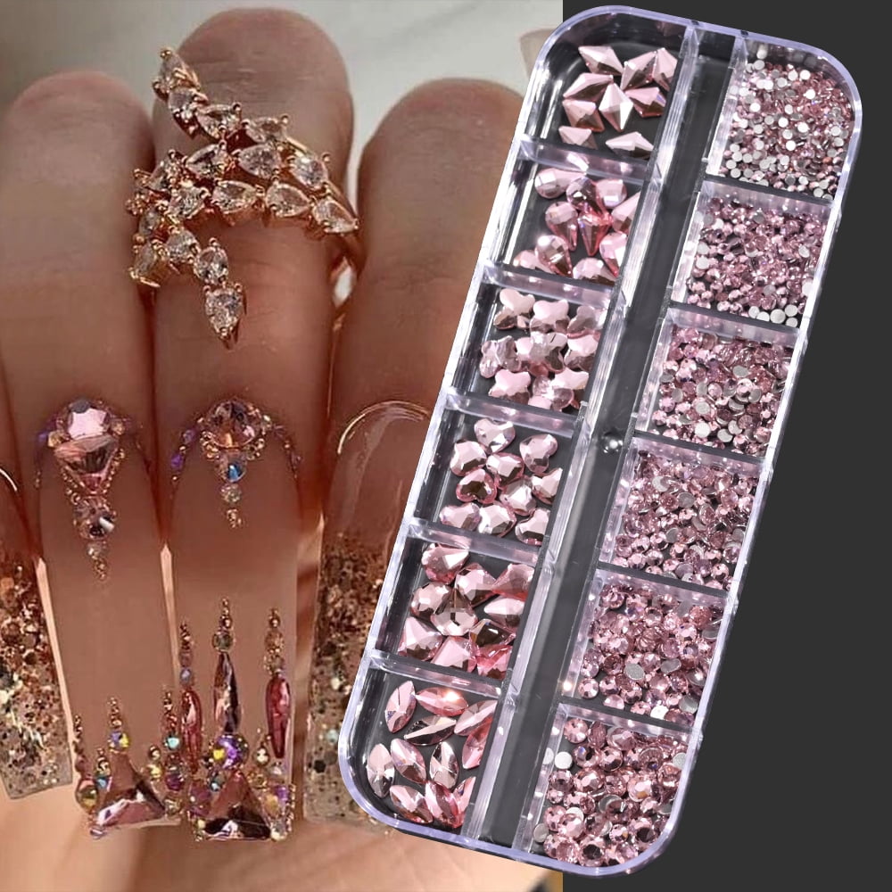 1000Pcs/box Champagne Gold Diamond Nail Crystal Mixed-Design Nail ...