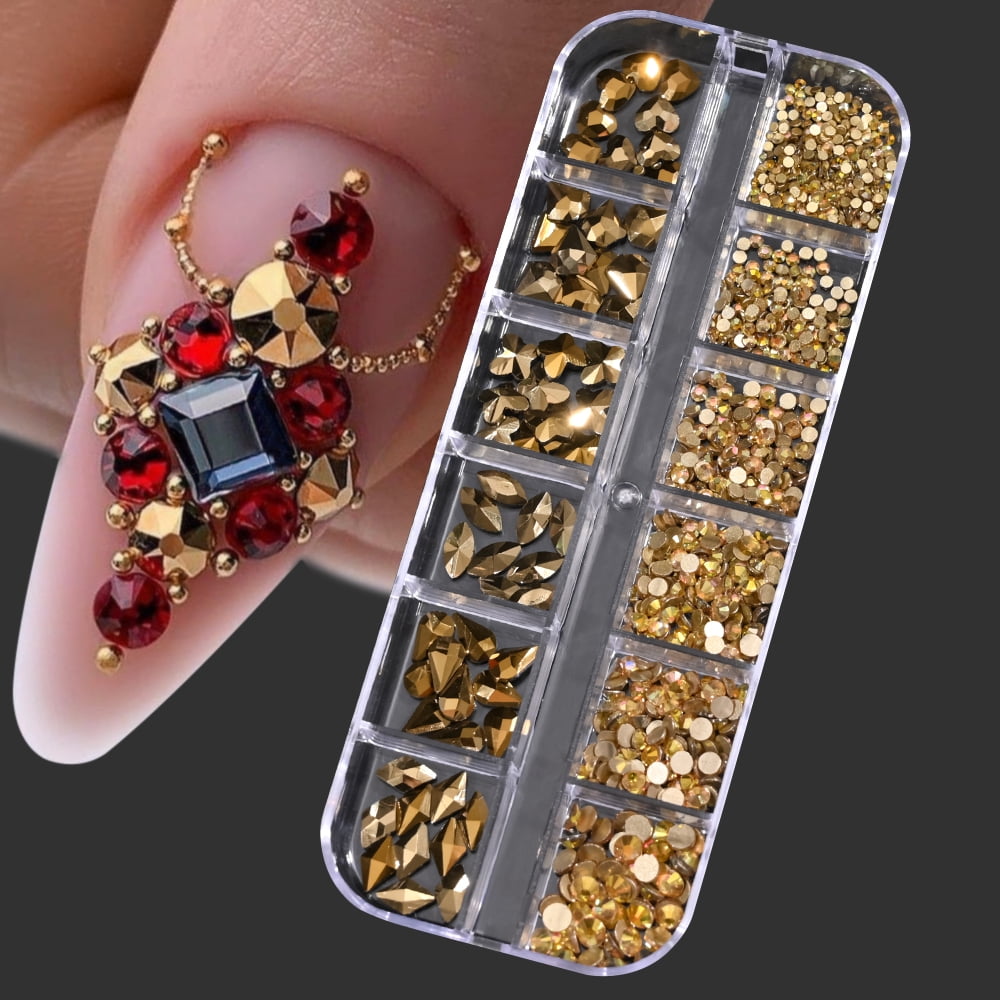 1000Pcs/box Champagne Gold Diamond Nail Crystal Mixed-Design Nail ...