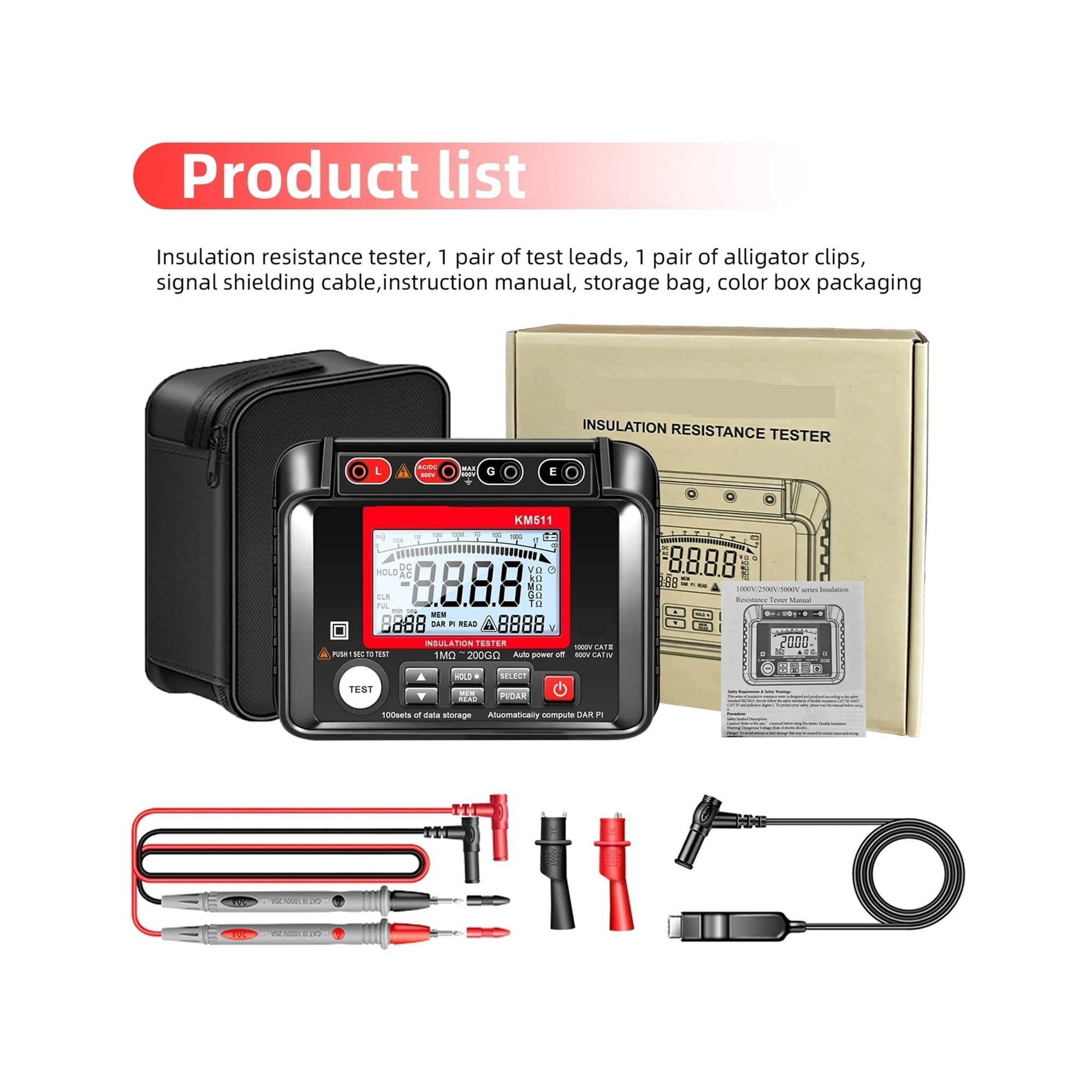 1000V/2500V Digital Megohmmeter 1M~200G Insulation Earth Resistance ...